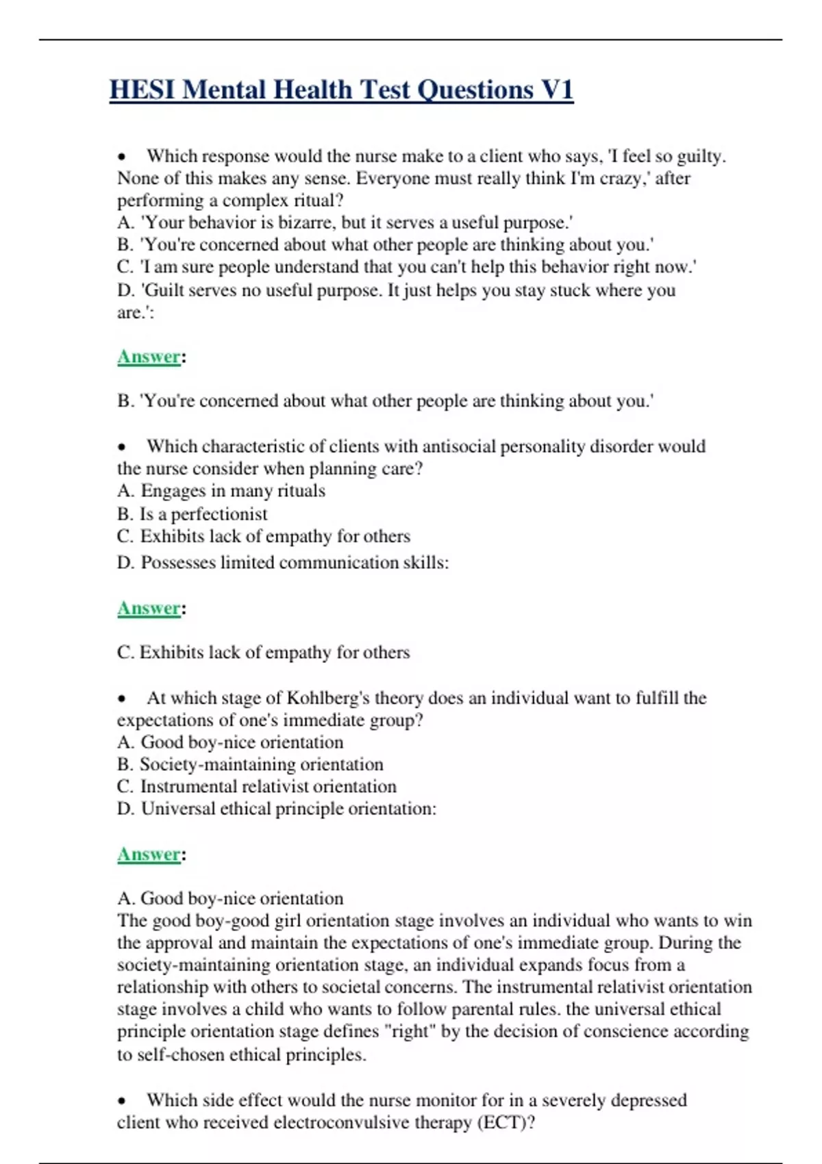 HESI MENTAL HEALTH TEST QUESTIONS V1 ( UPDATED 2025 ) | QUESTIONS WITH ...