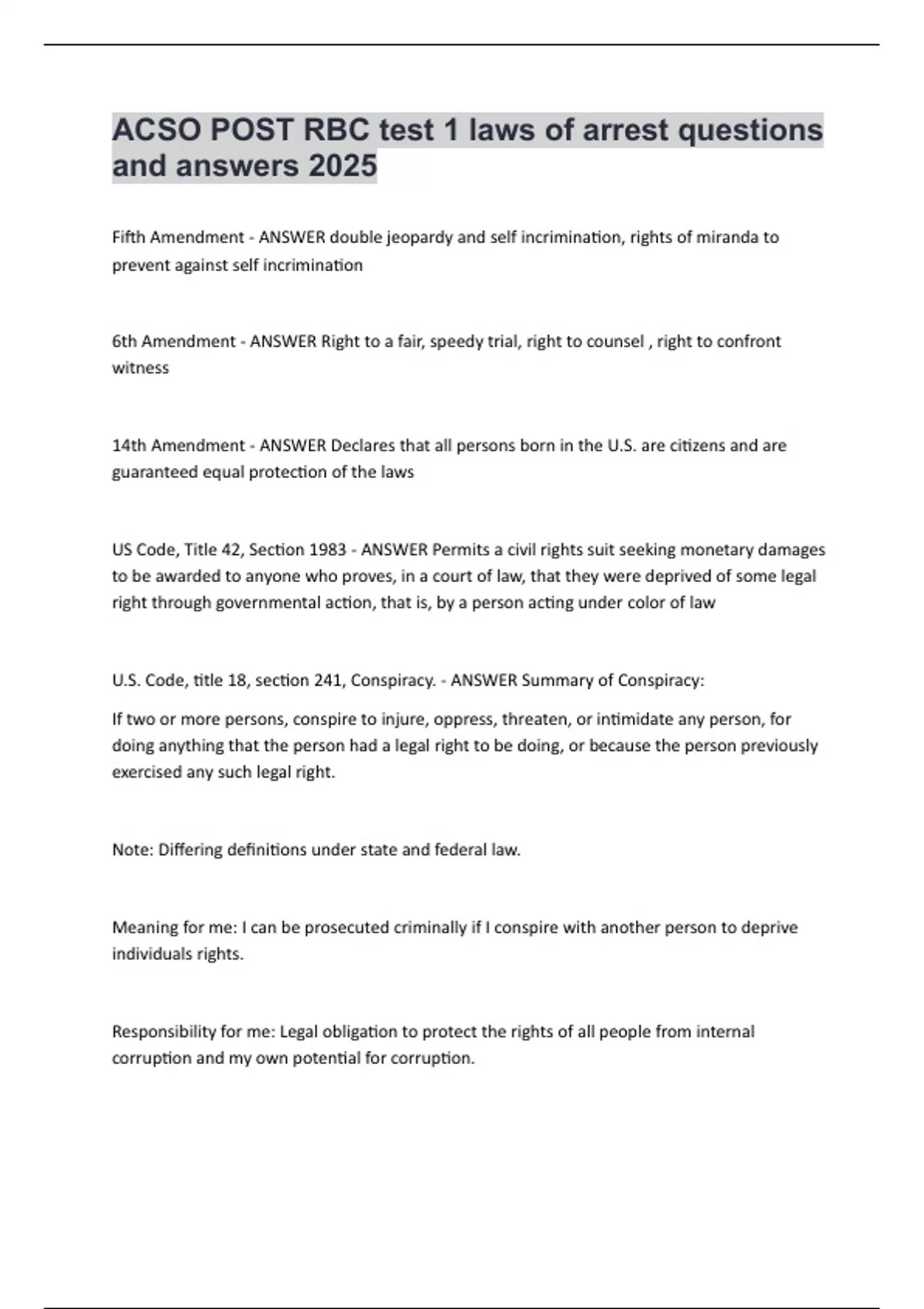 ACSO POST RBC test 1 laws of arrest questions and answers 2025 ...