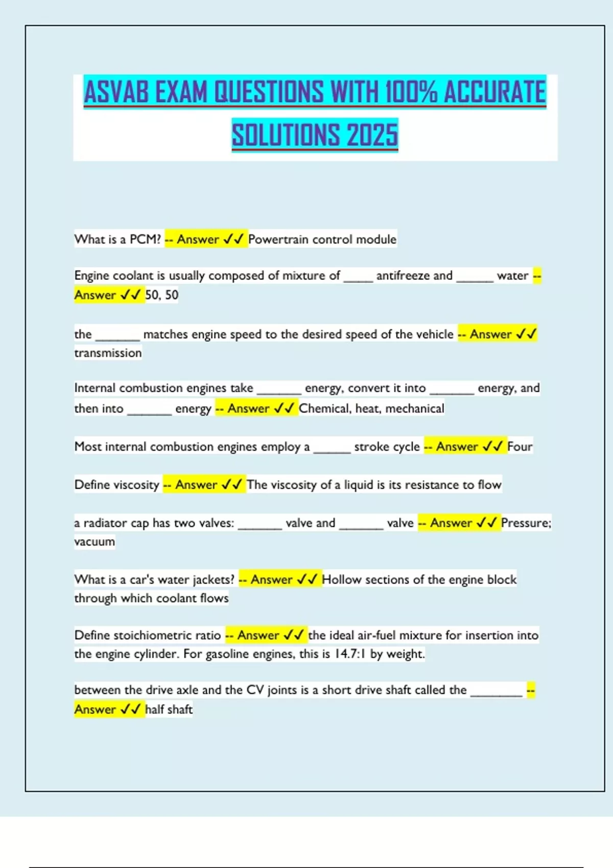 ASVAB EXAM QUESTIONS WITH 100% ACCURATE SOLUTIONS 2025 - ASVAB - Stuvia US