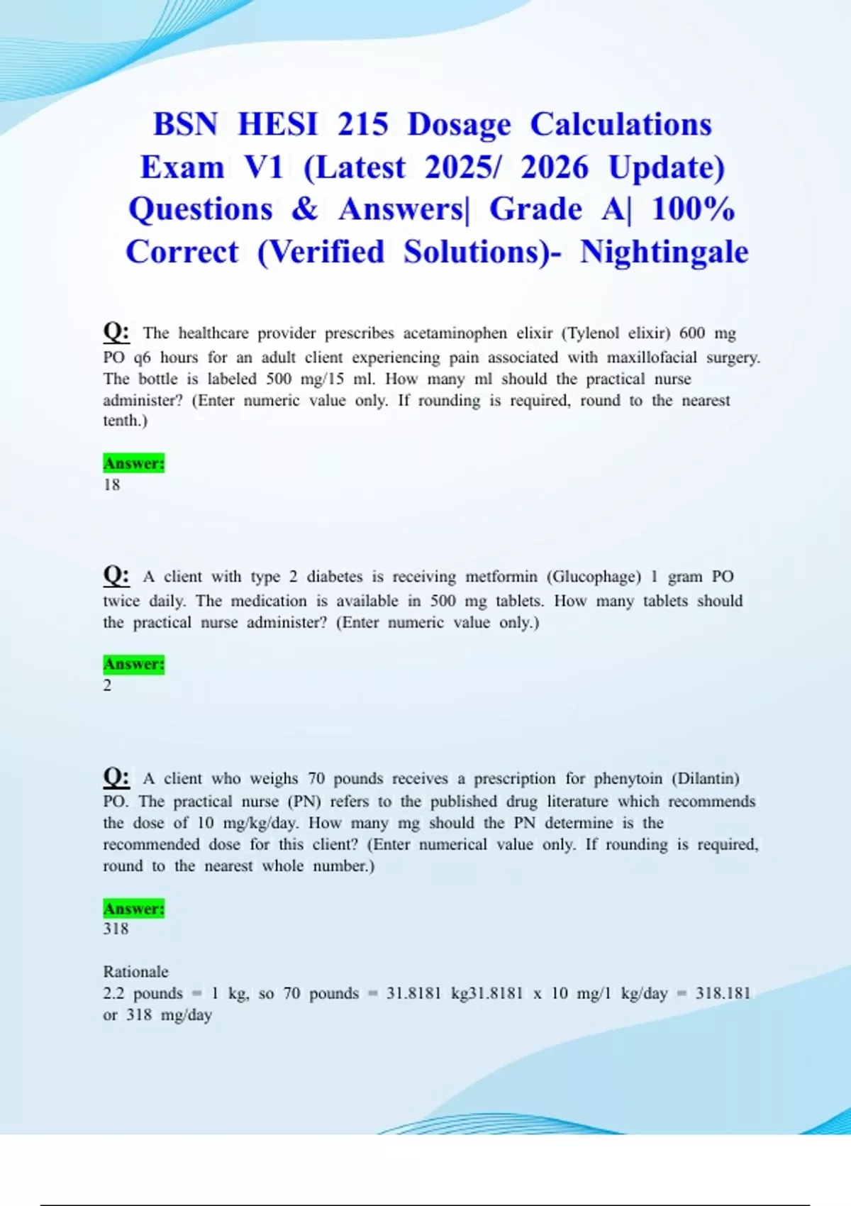 BSN HESI 215 Dosage Calculations Exam V1 (Latest 2025/ 2026 Update ...