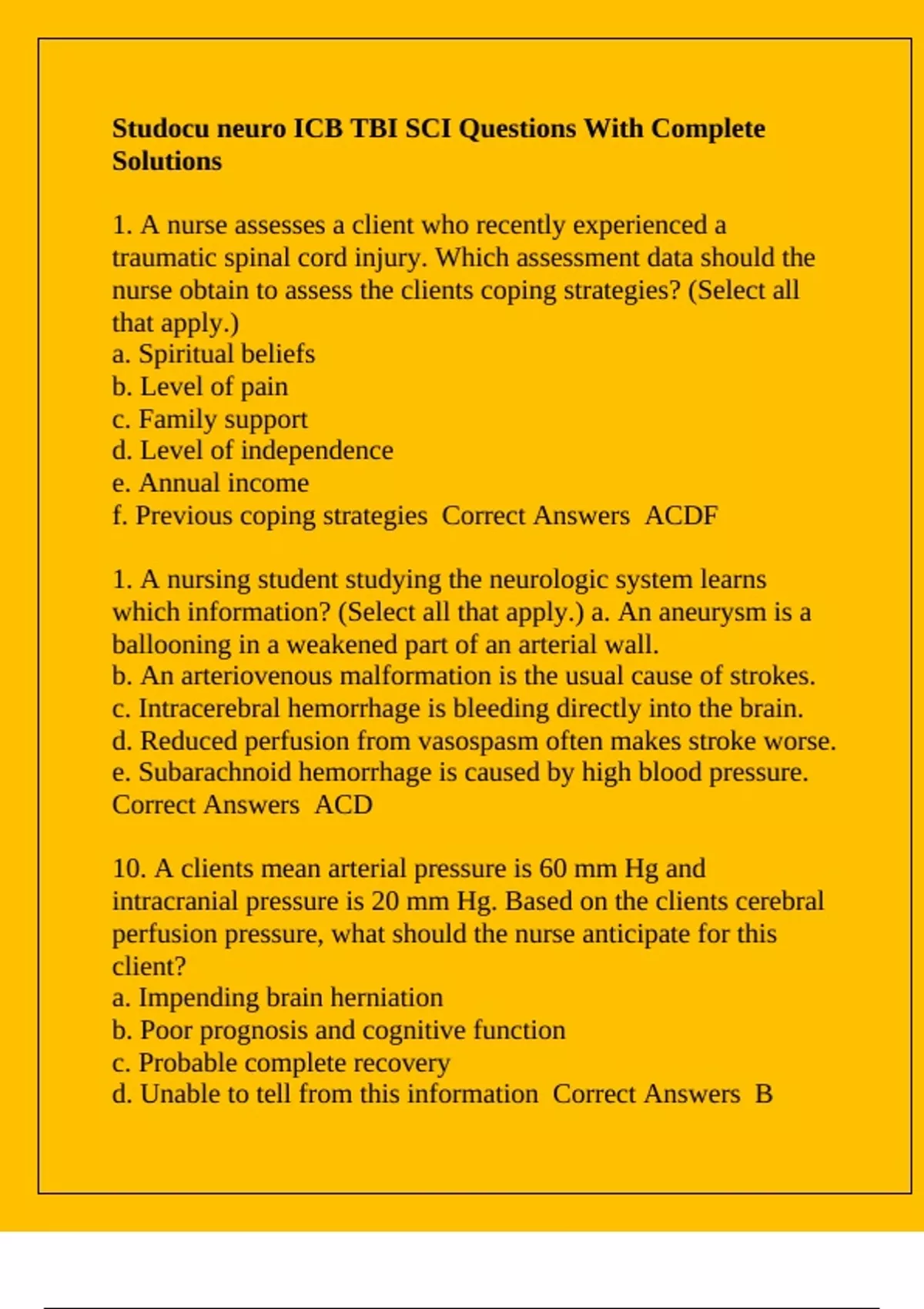 Studocu neuro ICB TBI SCI Questions With Complete Solutions - ICB TBI ...