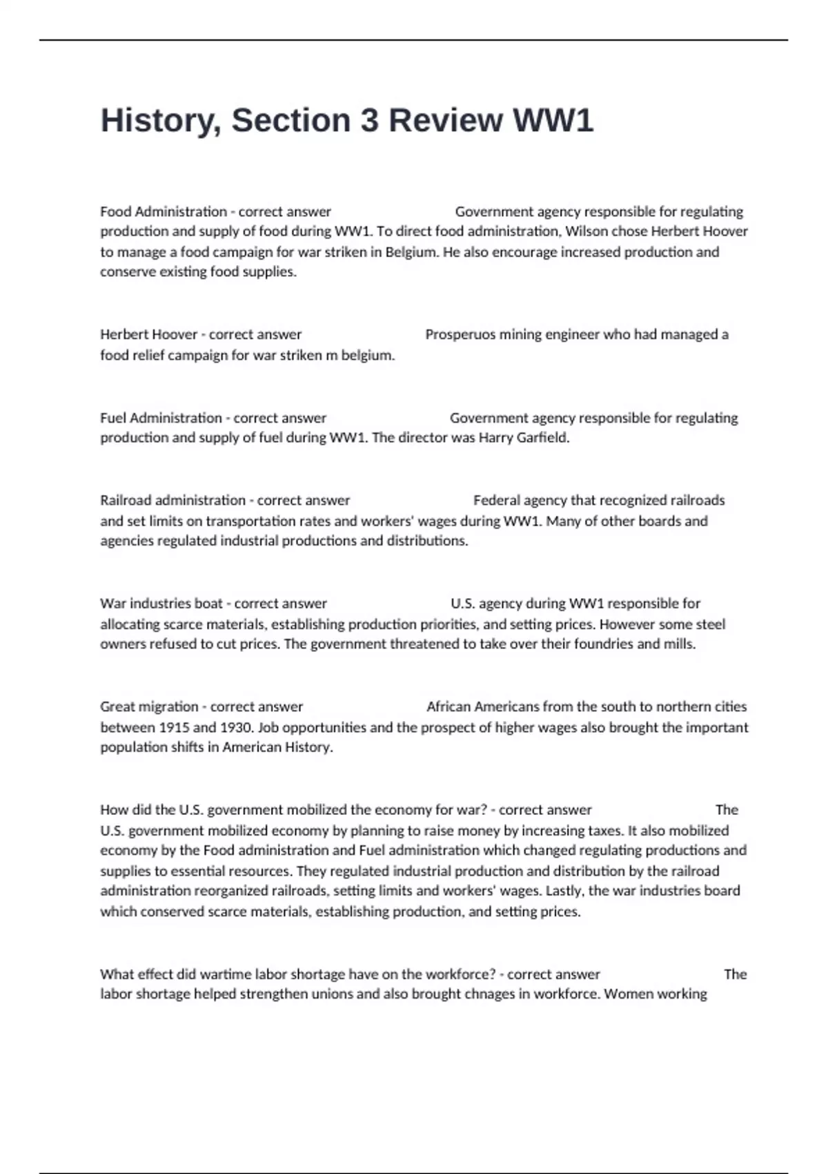 History, Section 3 Review WW1 Actual Exam Questions And Correct Answers ...