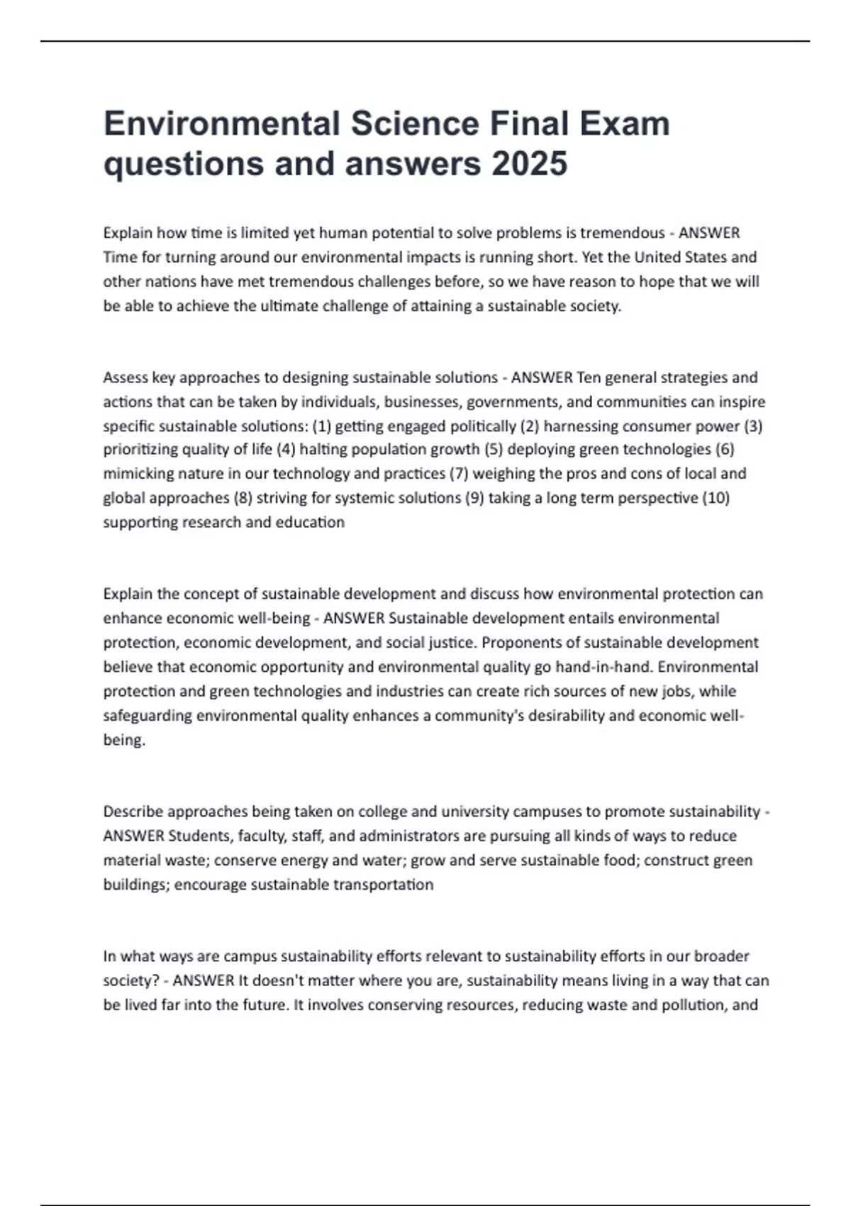 Environmental Science Final Exam questions and answers 2025 - Earth ...