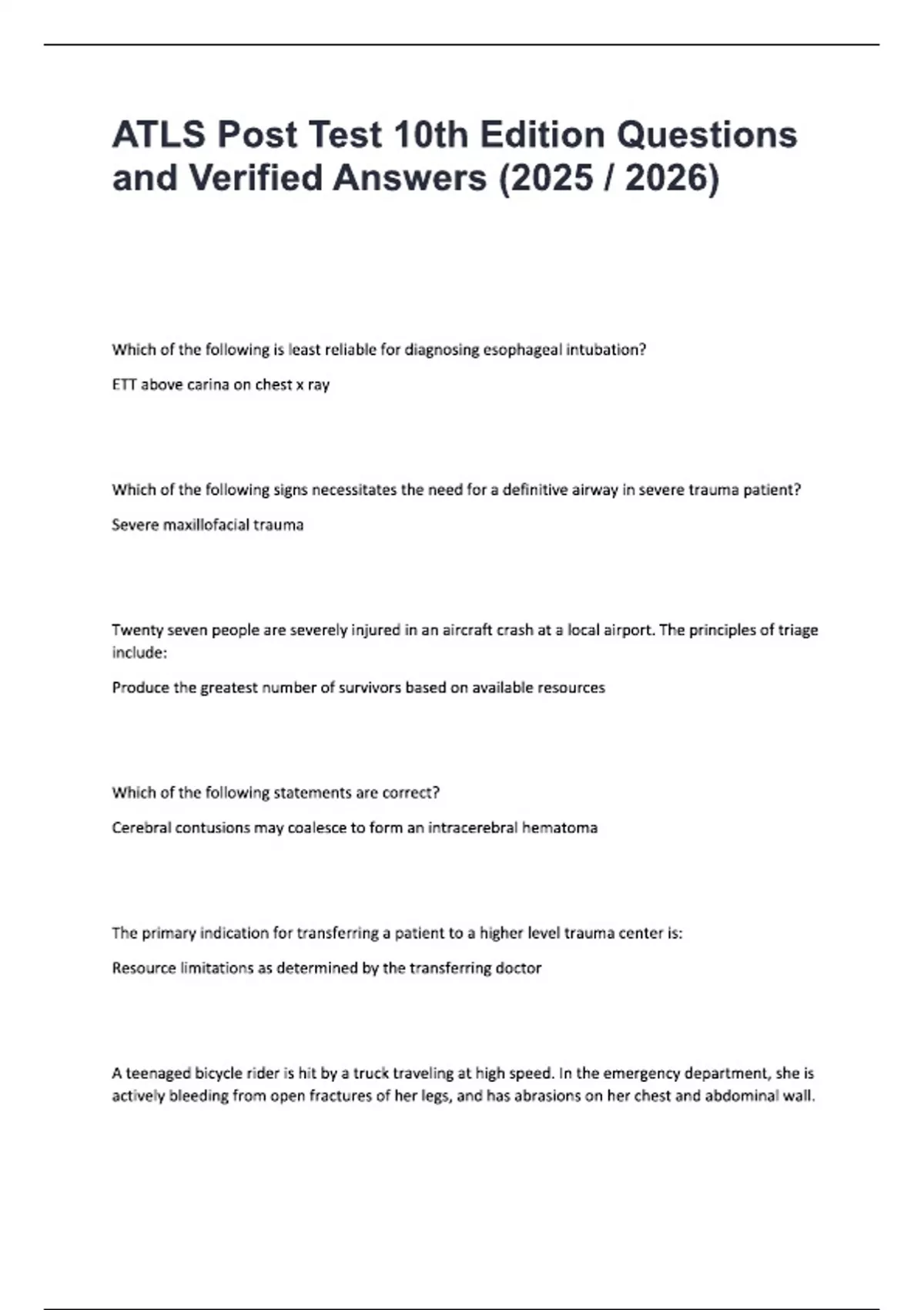ATLS Post Test 10th Edition Questions and Verified Answers (2025 / 2026 ...