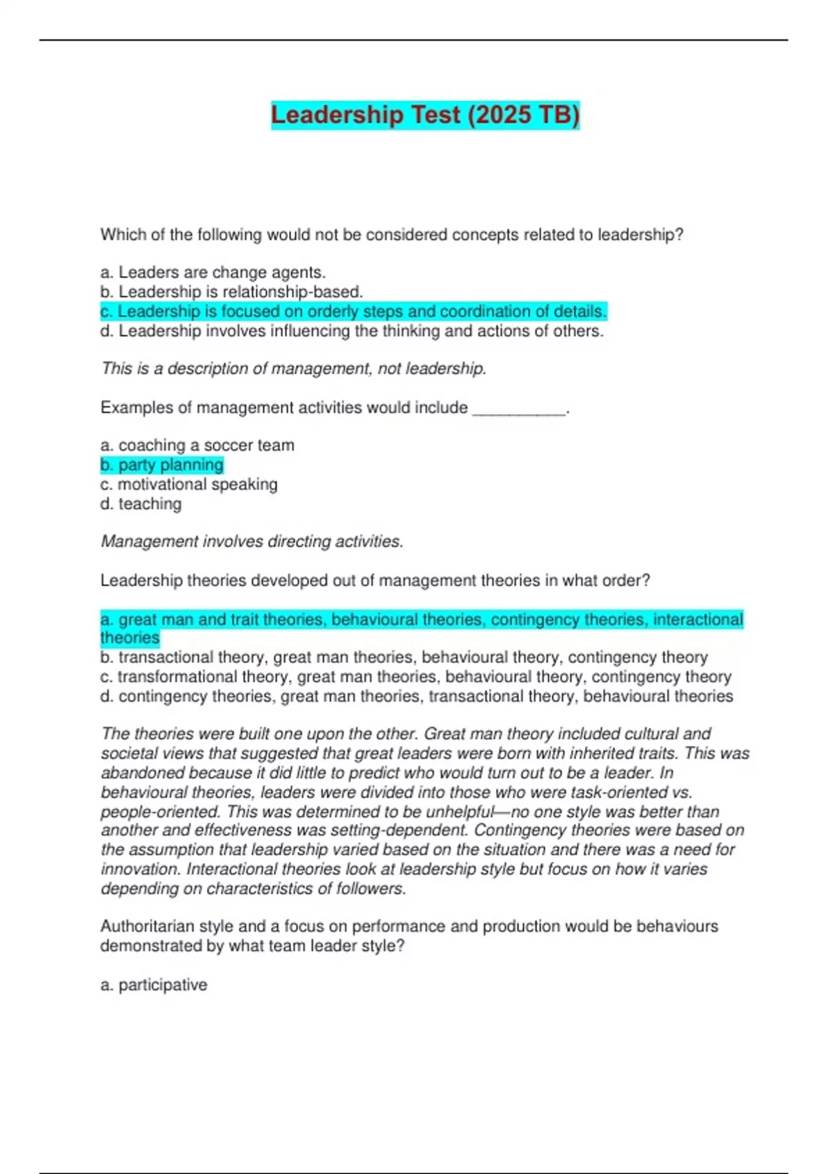 Leadership Test (2025 TB) | Complete Solutions (Verified Answers ...