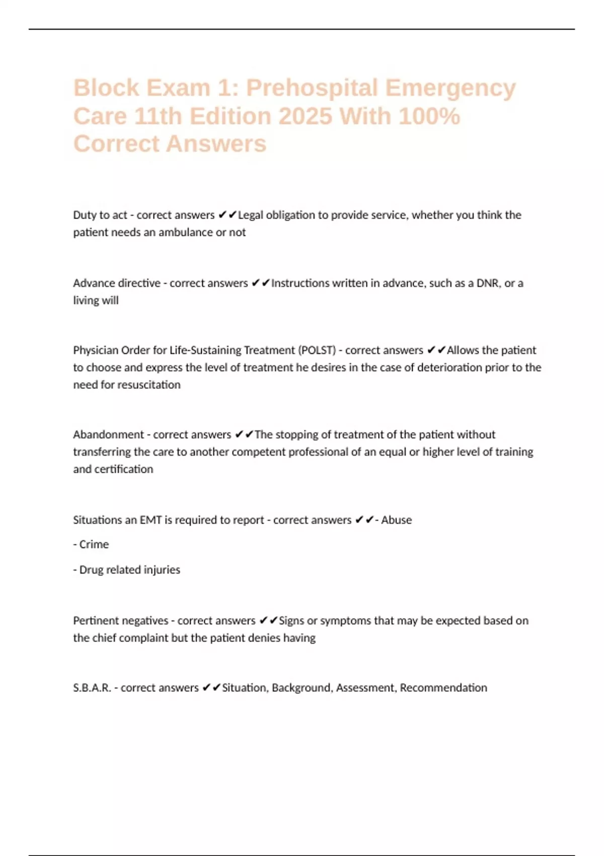 Block Exam 1: Prehospital Emergency Care 11th Edition 2025 With 100% ...
