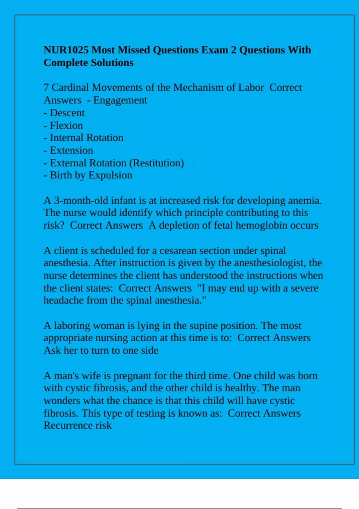 NUR1025 Most Missed Questions Exam 2 With Complete Solutions - NUR 1025 ...