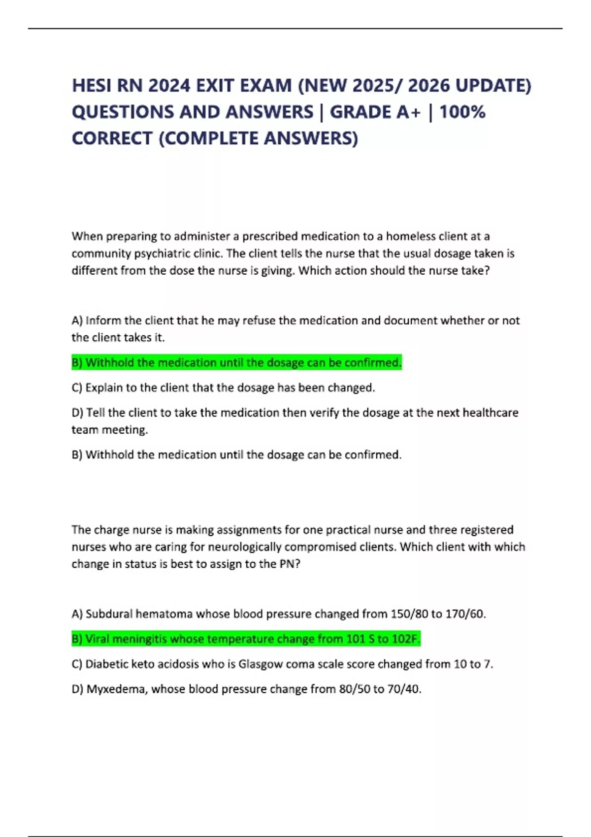 HESI RN 2024 EXIT EXAM QUESTIONS AND ANSWERS (2025 / 2026) (VERIFIED ...