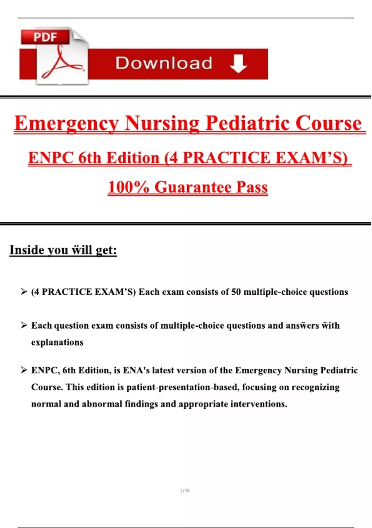 Emergency Nursing Pediatric Course ENPC 6th Edition (4 PRACTICE EXAM’S ...