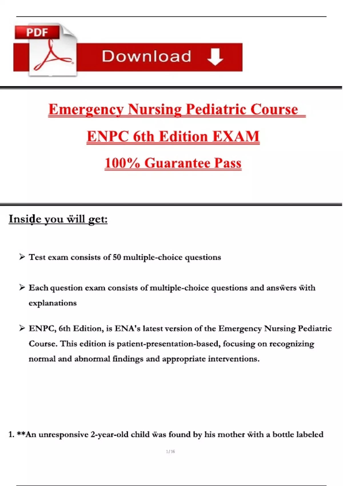 Emergency Nursing Pediatric Course ENPC 6th Edition EXAM Questions and ...