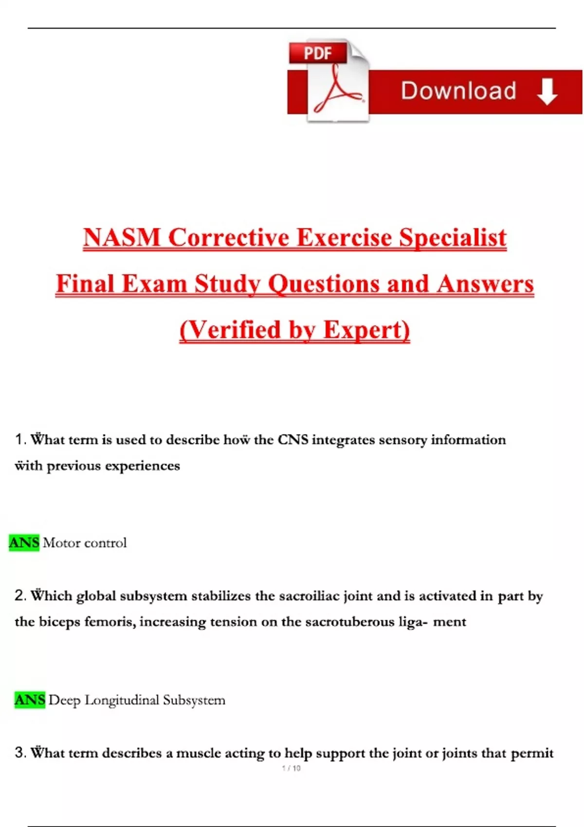 NASM Corrective Exercise Specialist Final Exam Study (Latest 2025 / ...