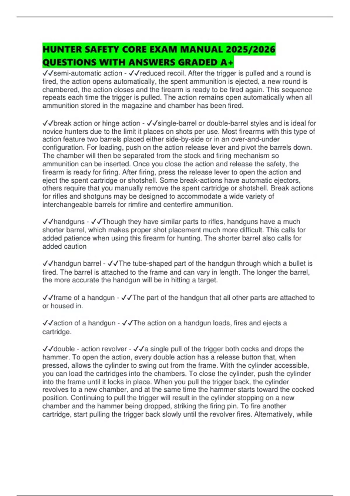 HUNTER SAFETY CORE EXAM MANUAL 2025/2026 QUESTIONS WITH ANSWERS GRADED ...