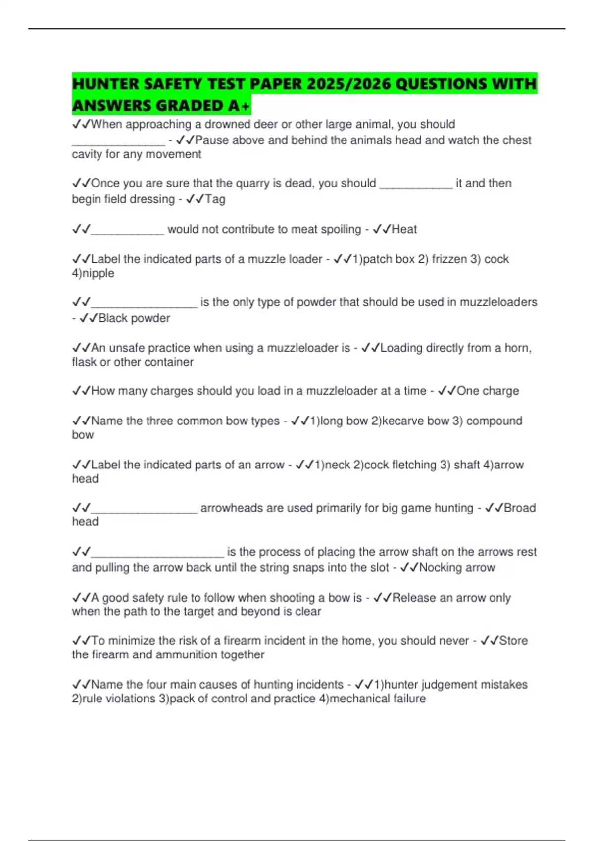 HUNTER SAFETY TEST PAPER 2025/2026 QUESTIONS WITH ANSWERS GRADED A+ ...