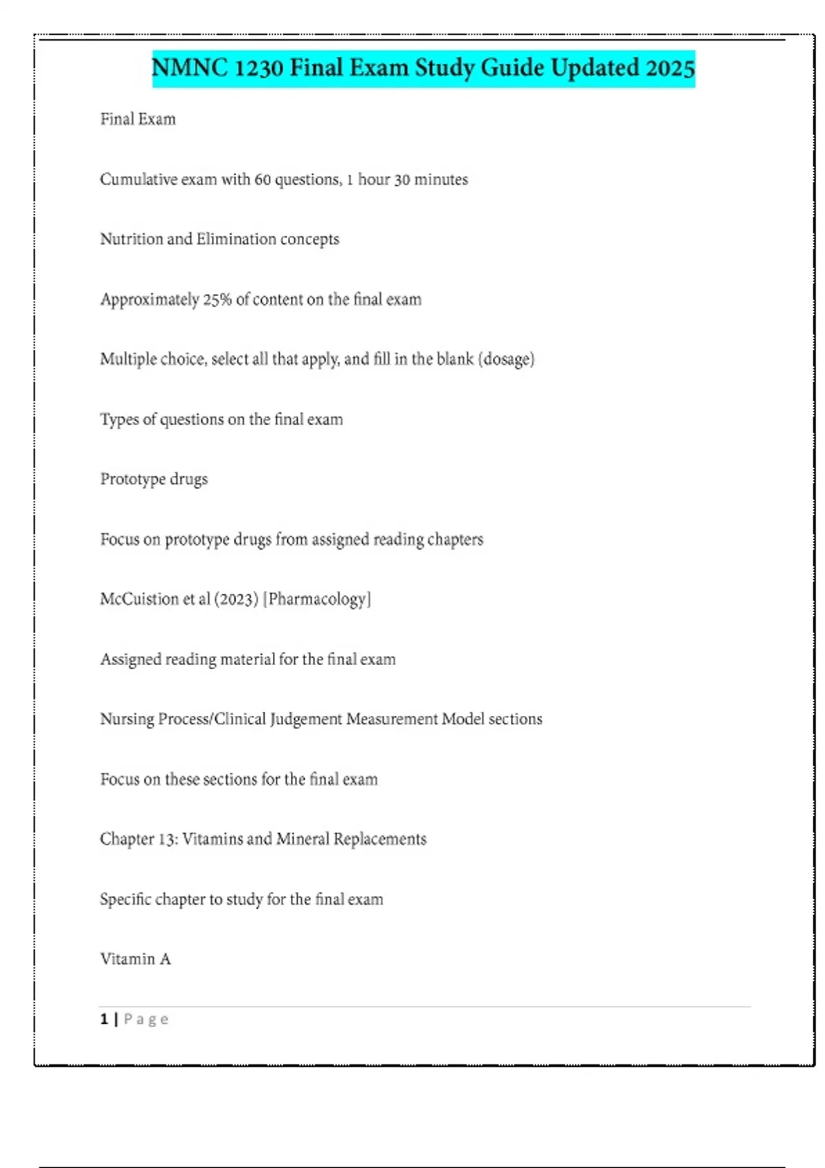 NMNC 1230 Final Exam Study Guide Updated 2025 - NMNC 1230 - Stuvia US