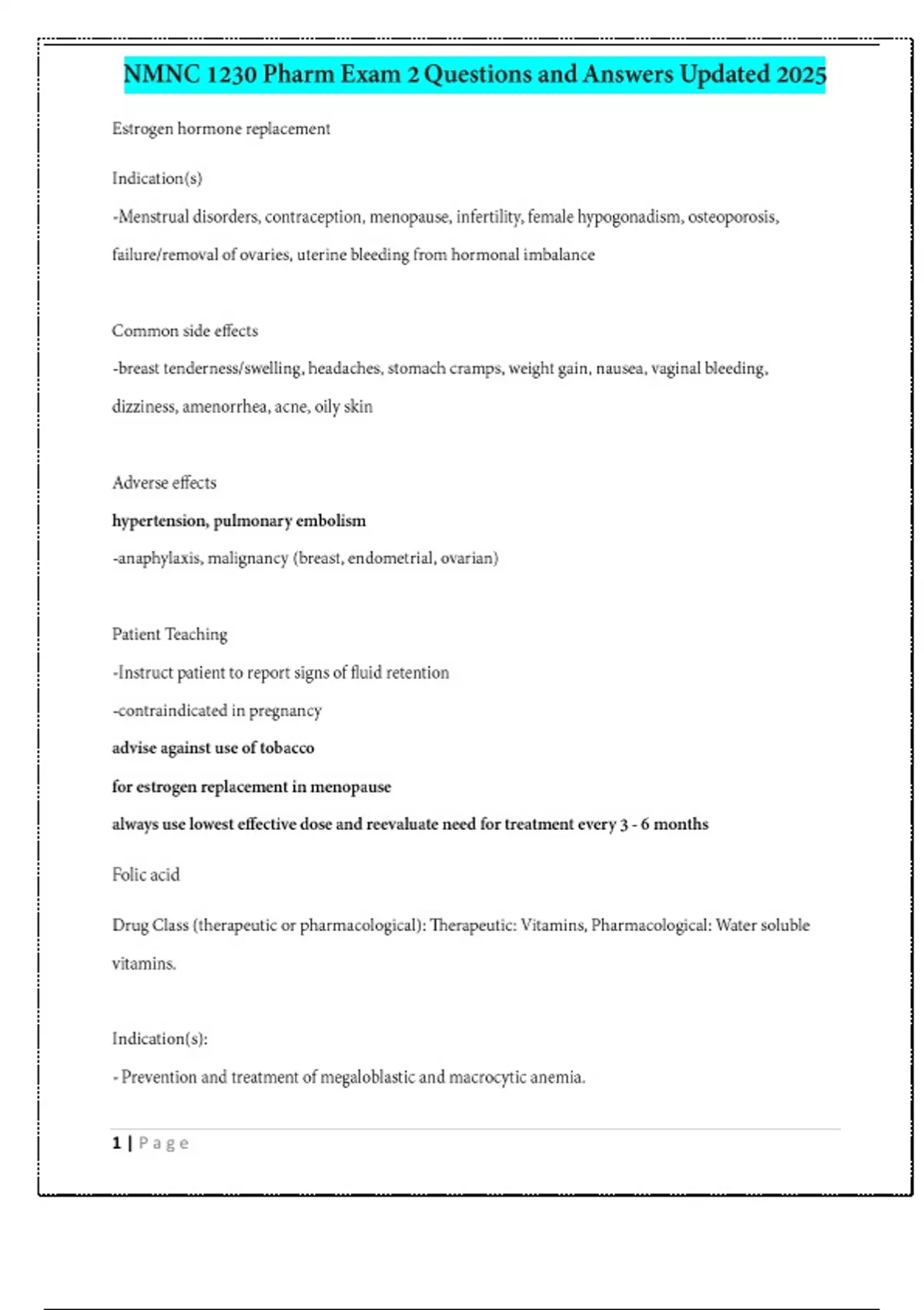 NMNC 1230 Pharm Exam 2 Questions and Answers Updated 2025 - NMNC 1230 ...