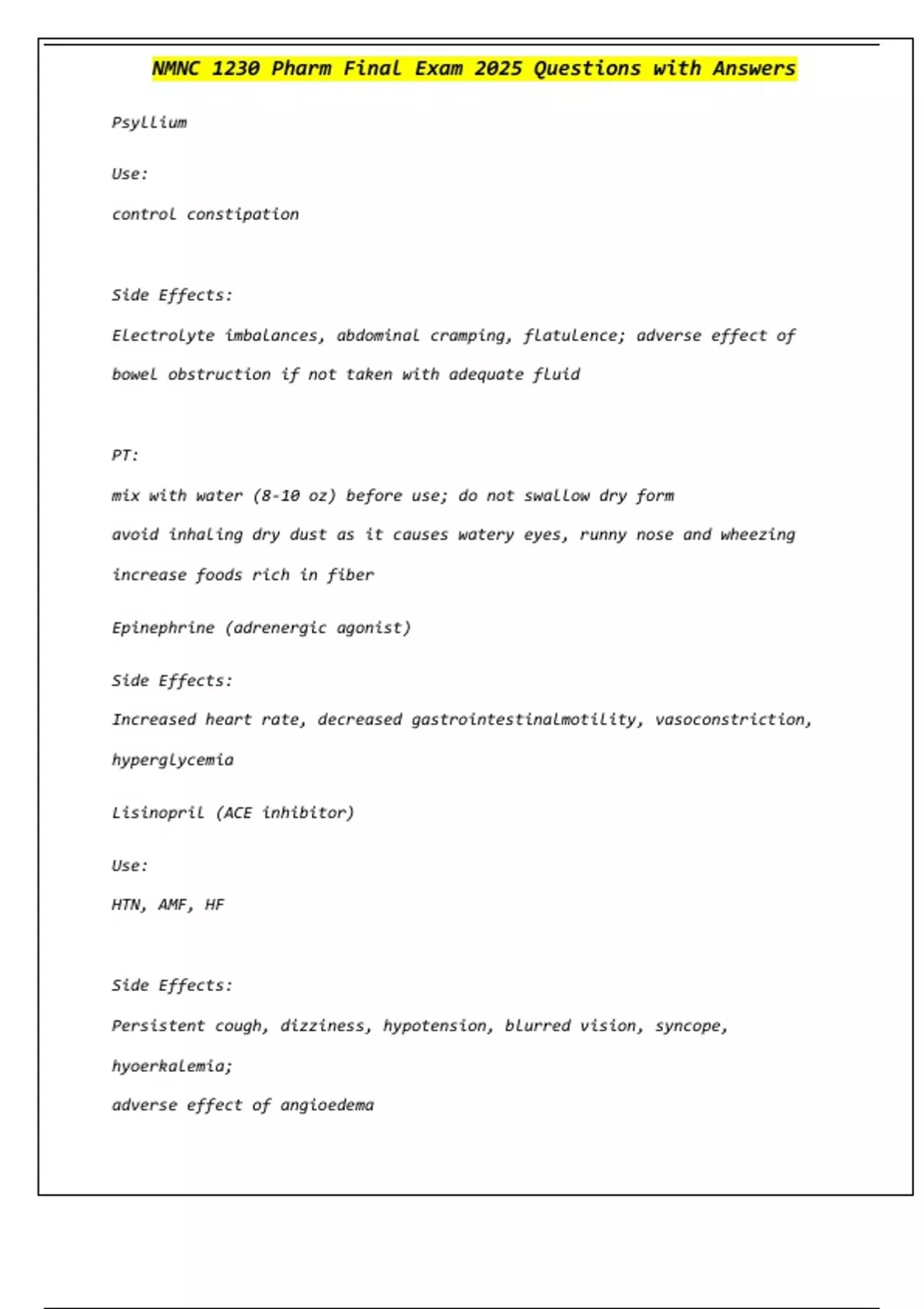 NMNC 1230 Pharm Final Exam 2025 Questions with Answers - NMNC 1230 ...