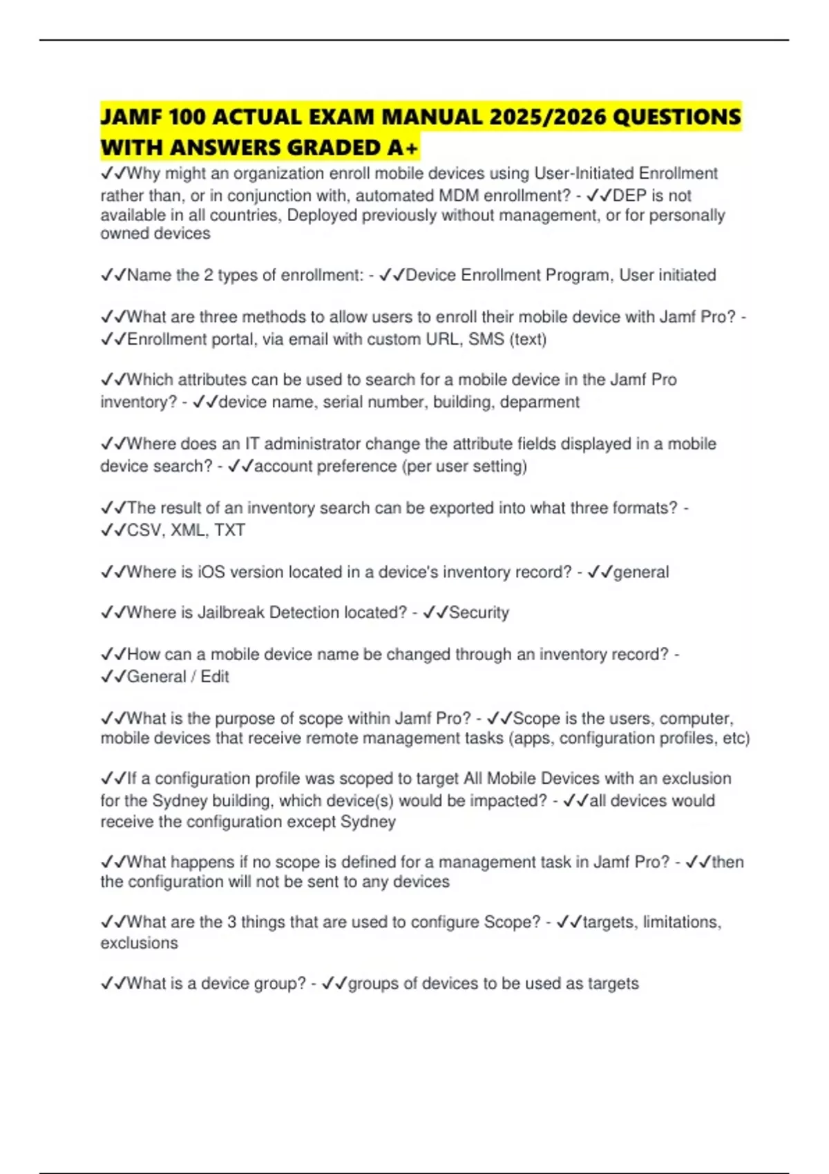 JAMF 100 ACTUAL EXAM MANUAL 2025/2026 QUESTIONS WITH ANSWERS GRADED A+ ...