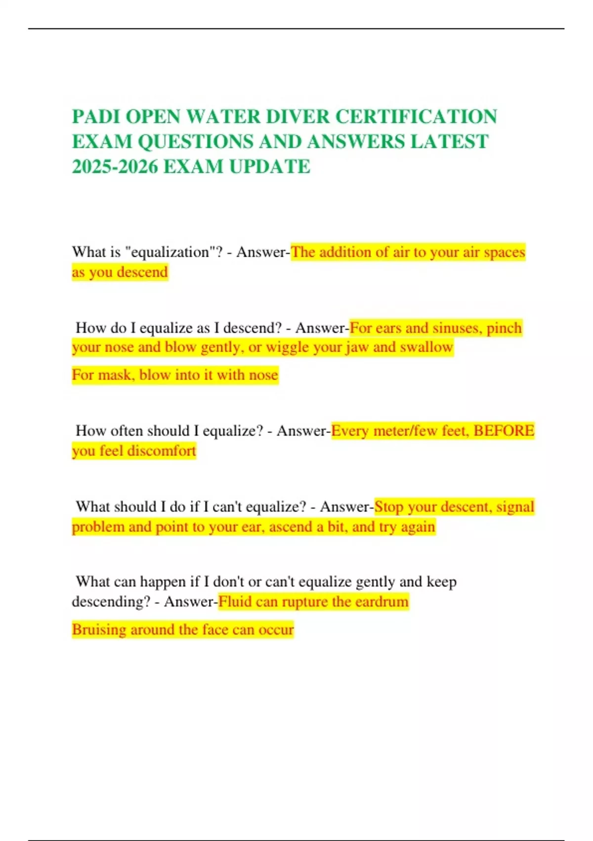 PADI OPEN WATER DIVER CERTIFICATION EXAM QUESTIONS AND ANSWERS LATEST ...