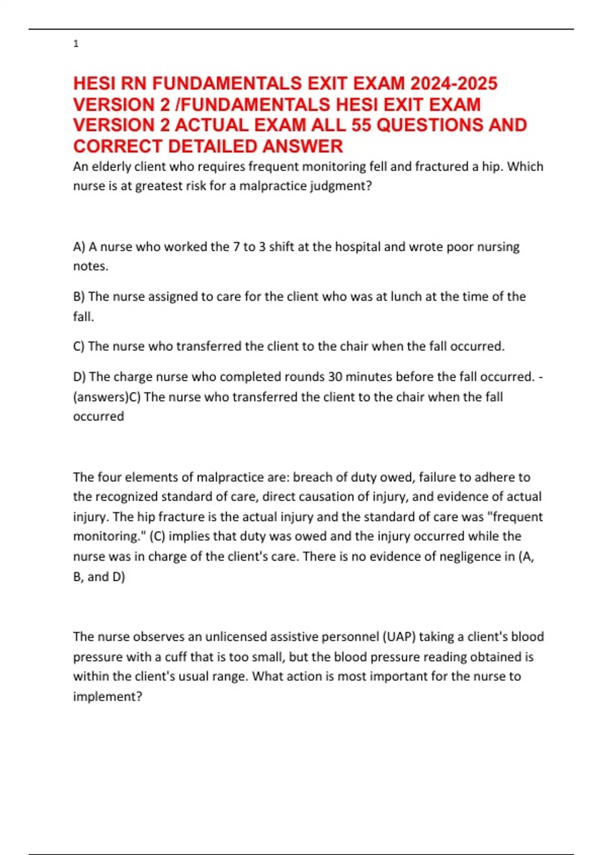 HESI RN FUNDAMENTALS EXIT EXAM VERSION 2 /FUNDAMENTALS HESI EXIT EXAM VERSION 2 ACTUAL EXAM ALL ...