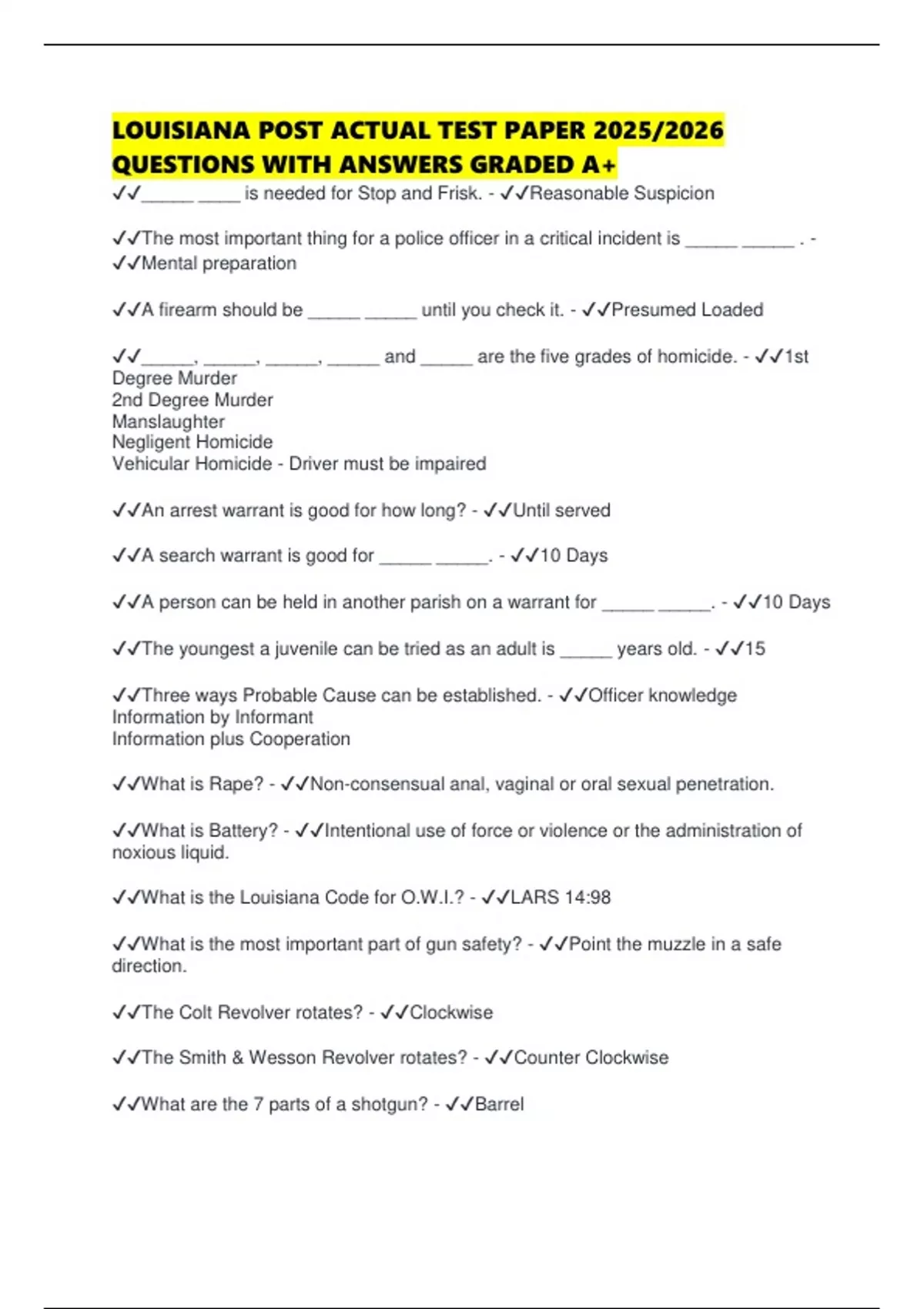 LOUISIANA POST ACTUAL TEST PAPER 2025/2026 QUESTIONS WITH ANSWERS ...