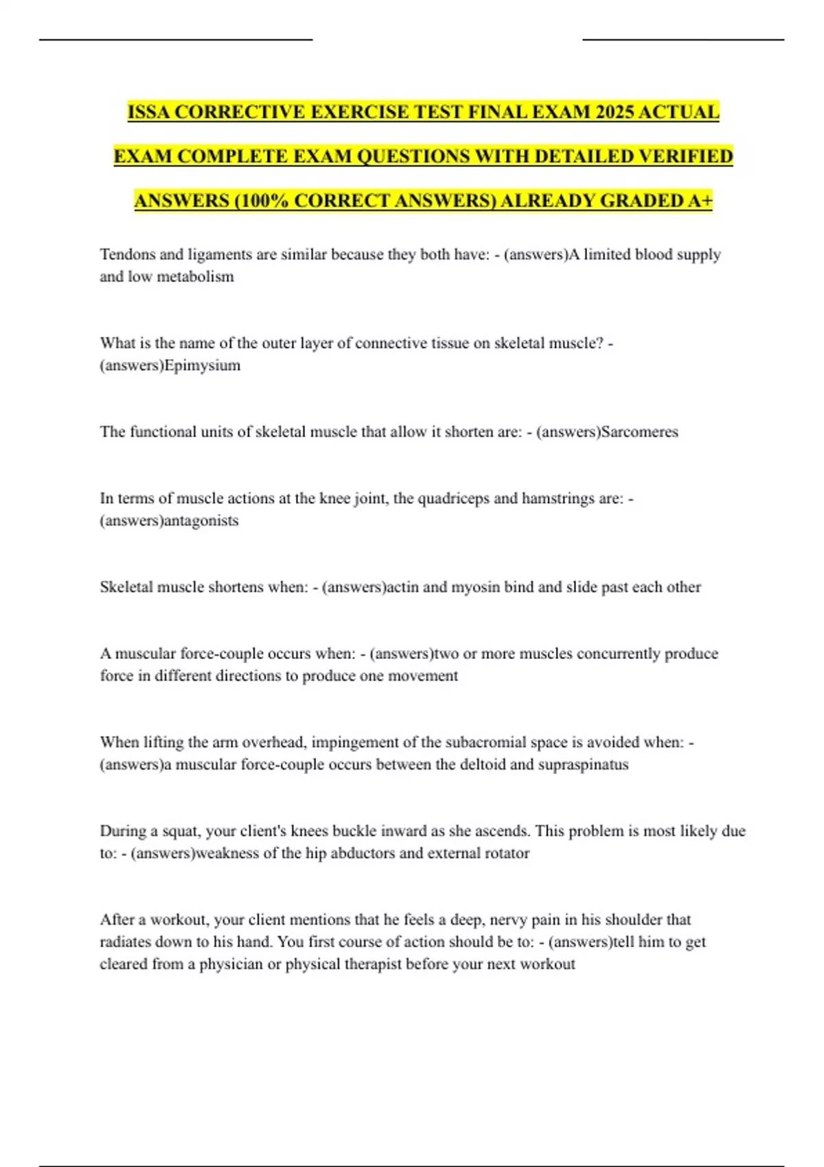 ISSA CORRECTIVE EXERCISE TEST FINAL EXAM 2025 ACTUAL EXAM COMPLETE EXAM ...