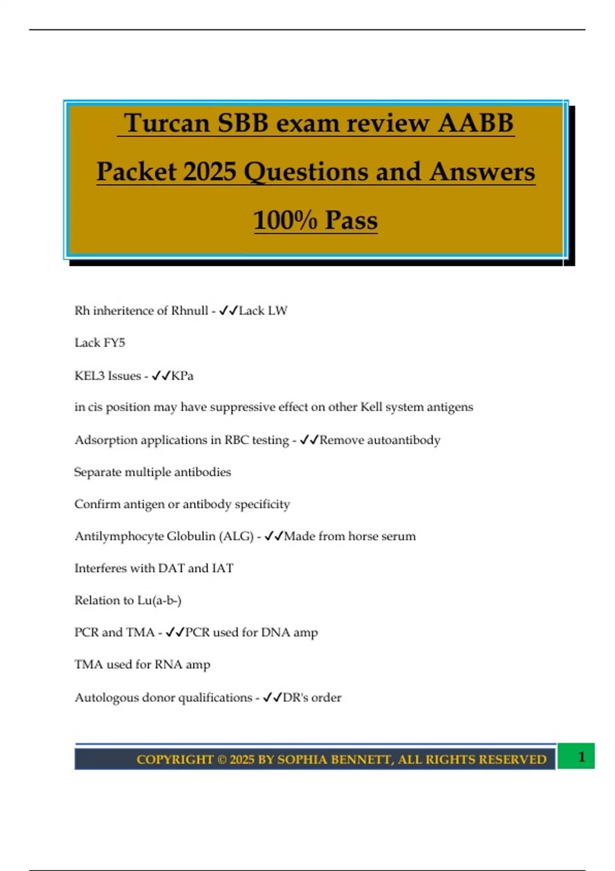 Turcan SBB exam review AABB Packet 2025 Questions and Answers 100% Pass ...