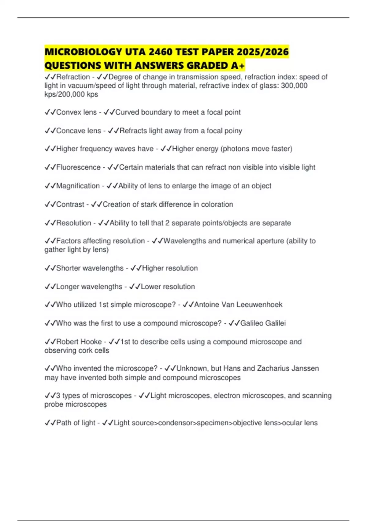 MICROBIOLOGY UTA 2460 TEST PAPER 2025/2026 QUESTIONS WITH ANSWERS ...