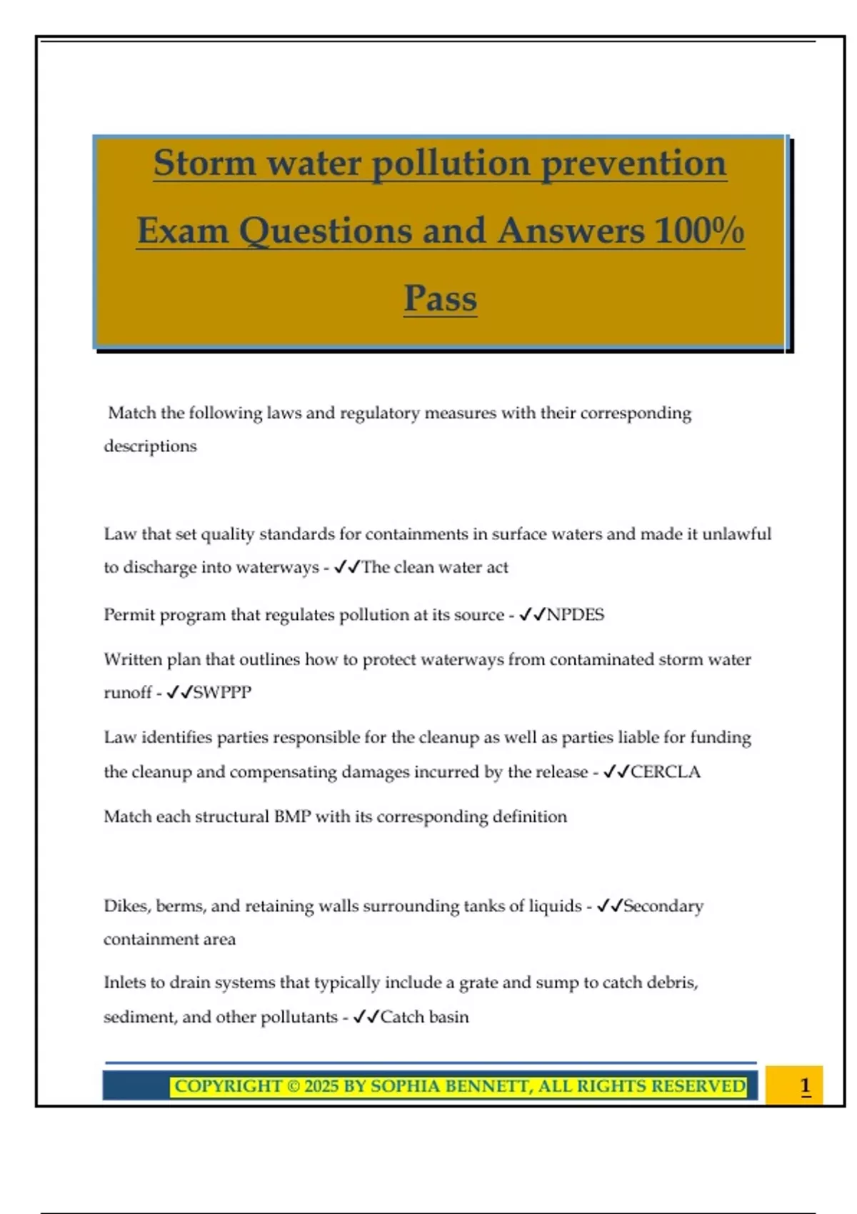 Storm water pollution prevention Exam Questions and Answers 100% Pass ...