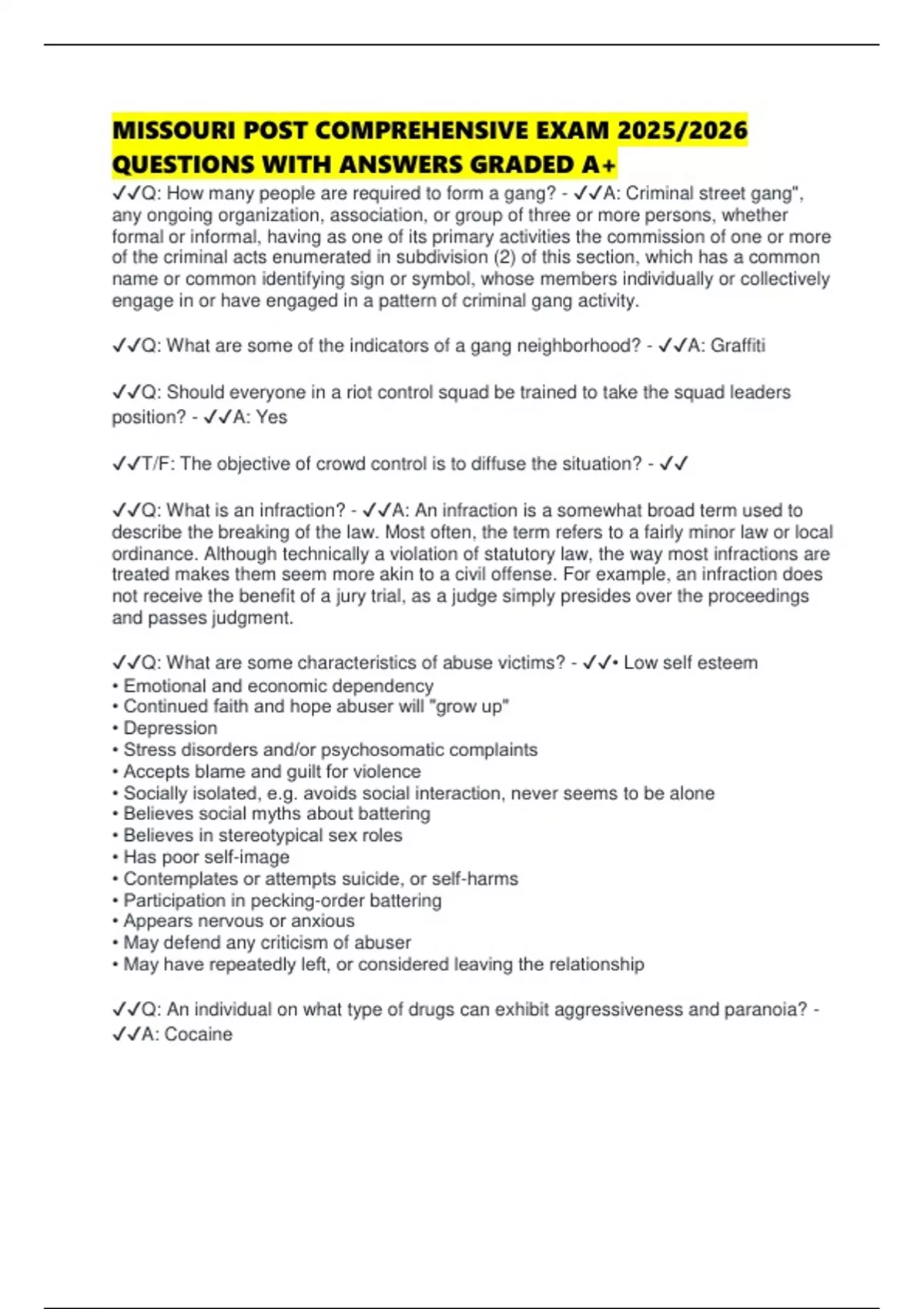 MISSOURI POST COMPREHENSIVE EXAM 2025/2026 QUESTIONS WITH ANSWERS ...