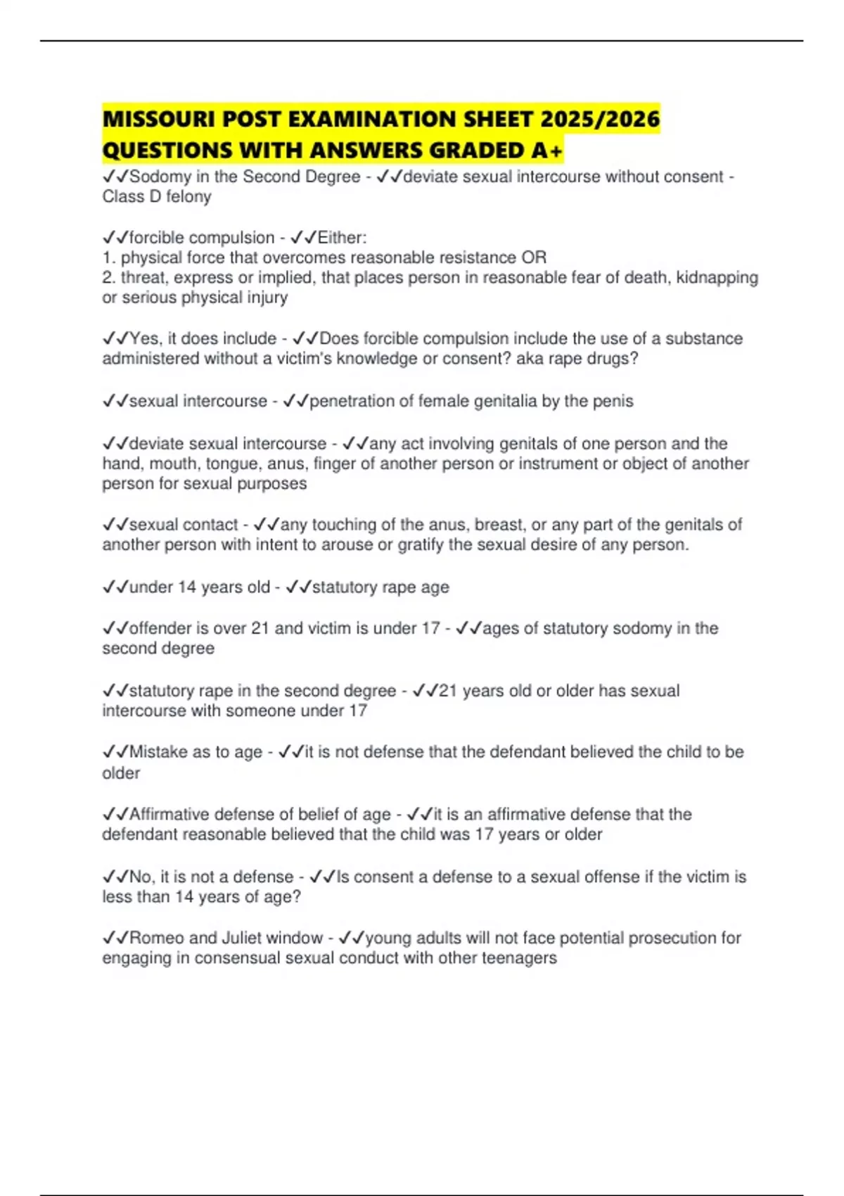 MISSOURI POST EXAMINATION SHEET 2025/2026 QUESTIONS WITH ANSWERS GRADED ...