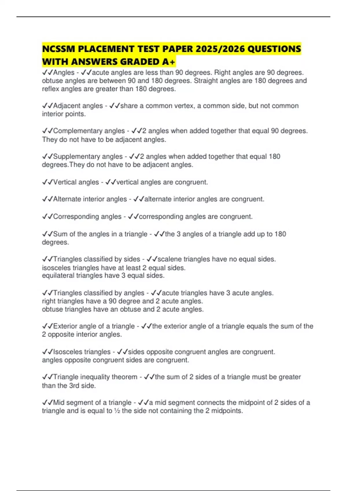 NCSSM PLACEMENT TEST PAPER 2025/2026 QUESTIONS WITH ANSWERS GRADED A+ ...