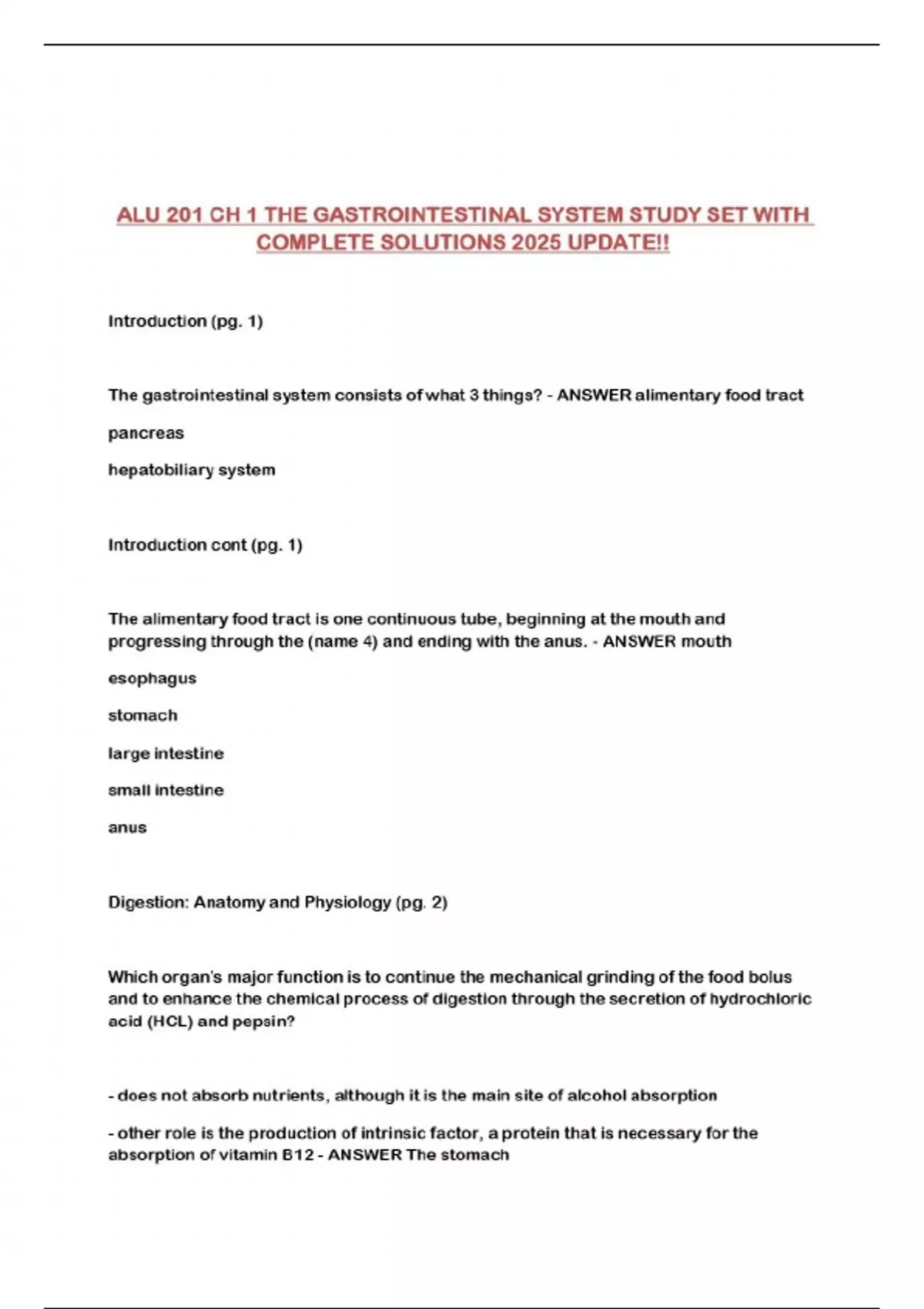 ALU 201 CH 1 THE GASTROINTESTINAL SYSTEM STUDY SET WITH COMPLETE ...