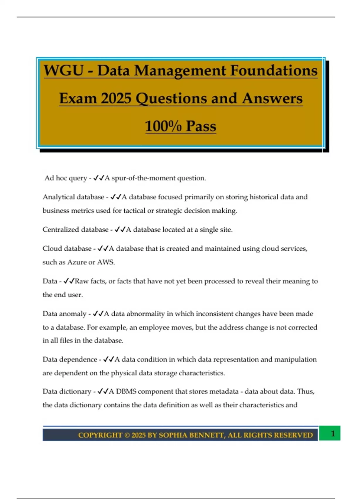 WGU - Data Management Foundations Exam 2025 Questions and Answers 100% Pass - WGU D017 - Stuvia US