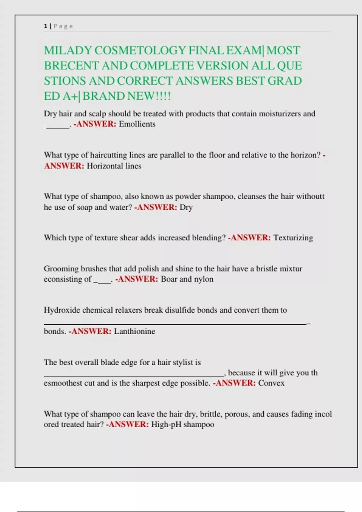 Milady Cosmetology Final Exam Questions and Answers 2024 / 2025 ...