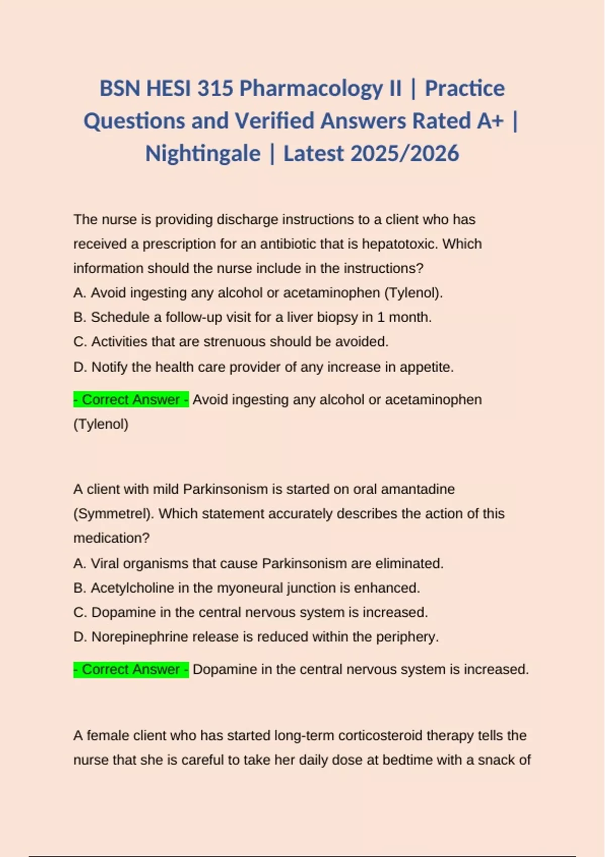 BSN HESI 315 Pharmacology II | Practice Questions and Verified Answers ...