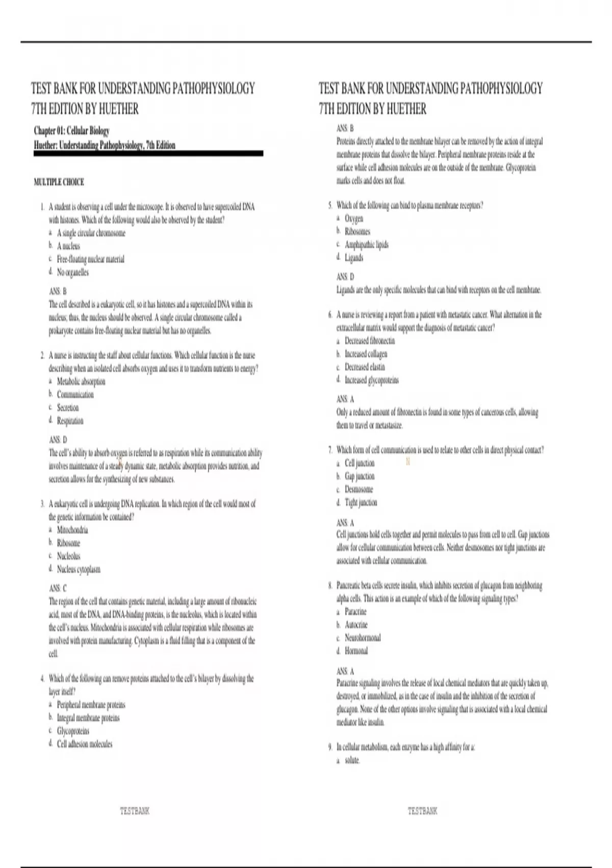 TEST BANK FOR UNDERSTANDING PATHOPHYSIOLOGY 7TH EDITION BY HUETHER ...