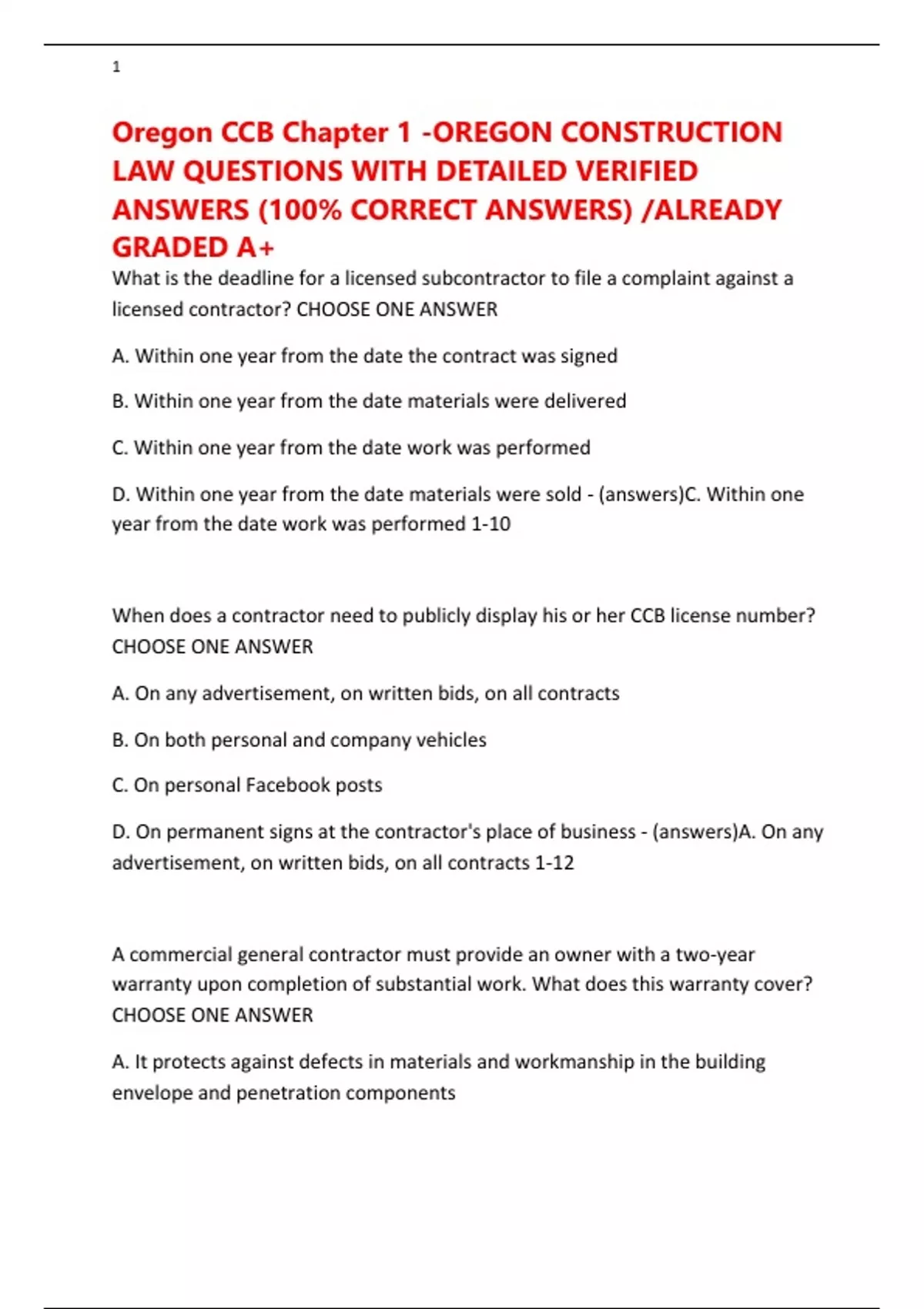 Oregon CCB Chapter 1 -OREGON CONSTRUCTION LAW QUESTIONS WITH DETAILED ...