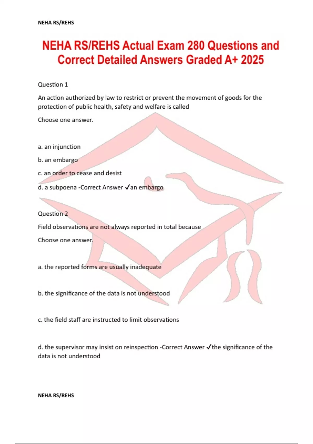 NEHA RS/REHS Actual Exam 280 Questions and Correct Detailed Answers ...