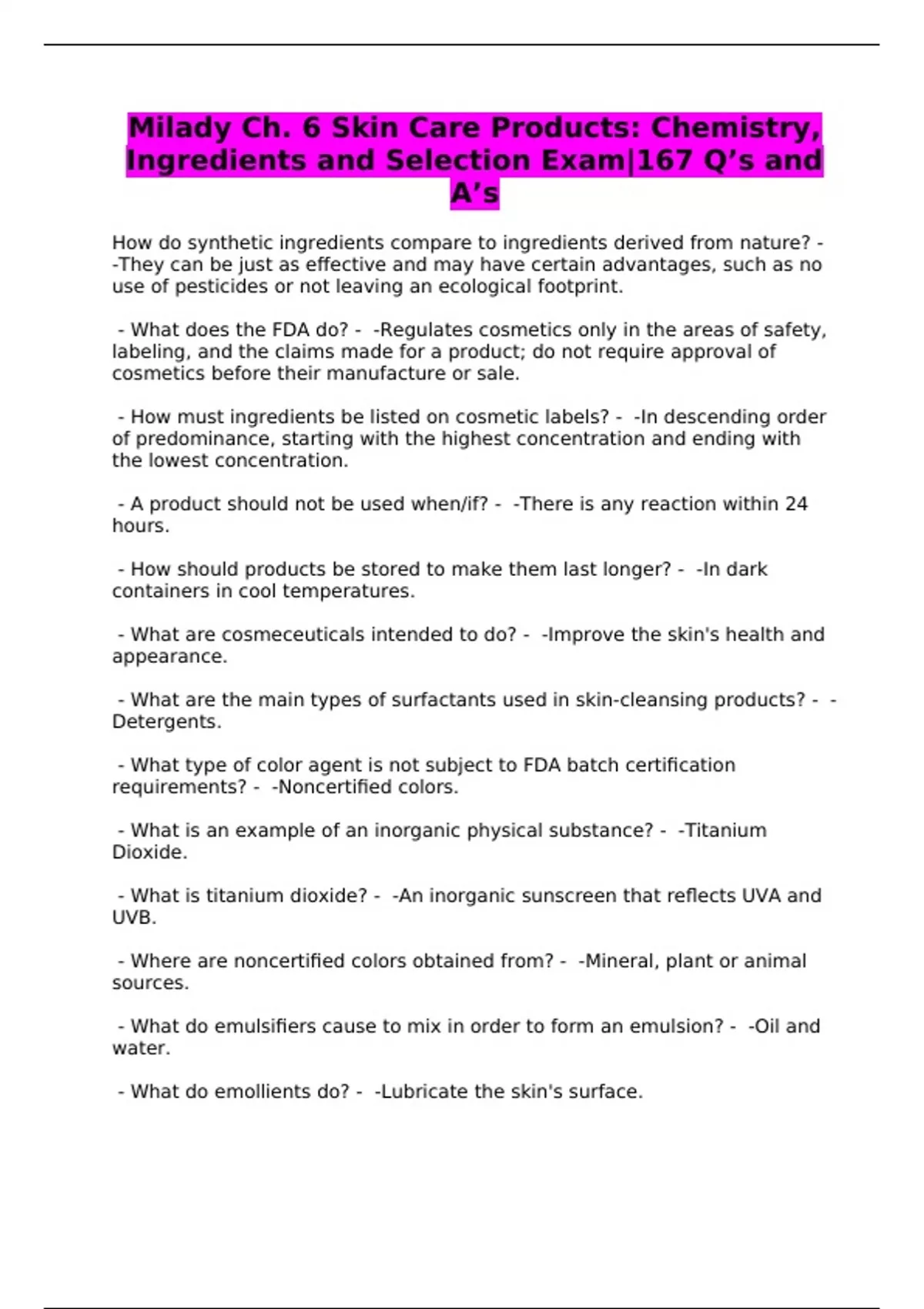 Milady Ch. 6 Skin Care Products: Chemistry, Ingredients and Selection ...