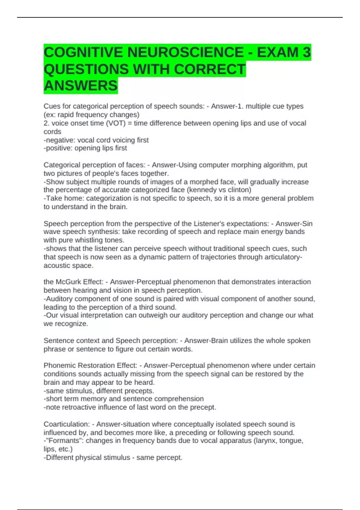 COGNITIVE NEUROSCIENCE - EXAM 3 QUESTIONS WITH CORRECT ANSWERS ...