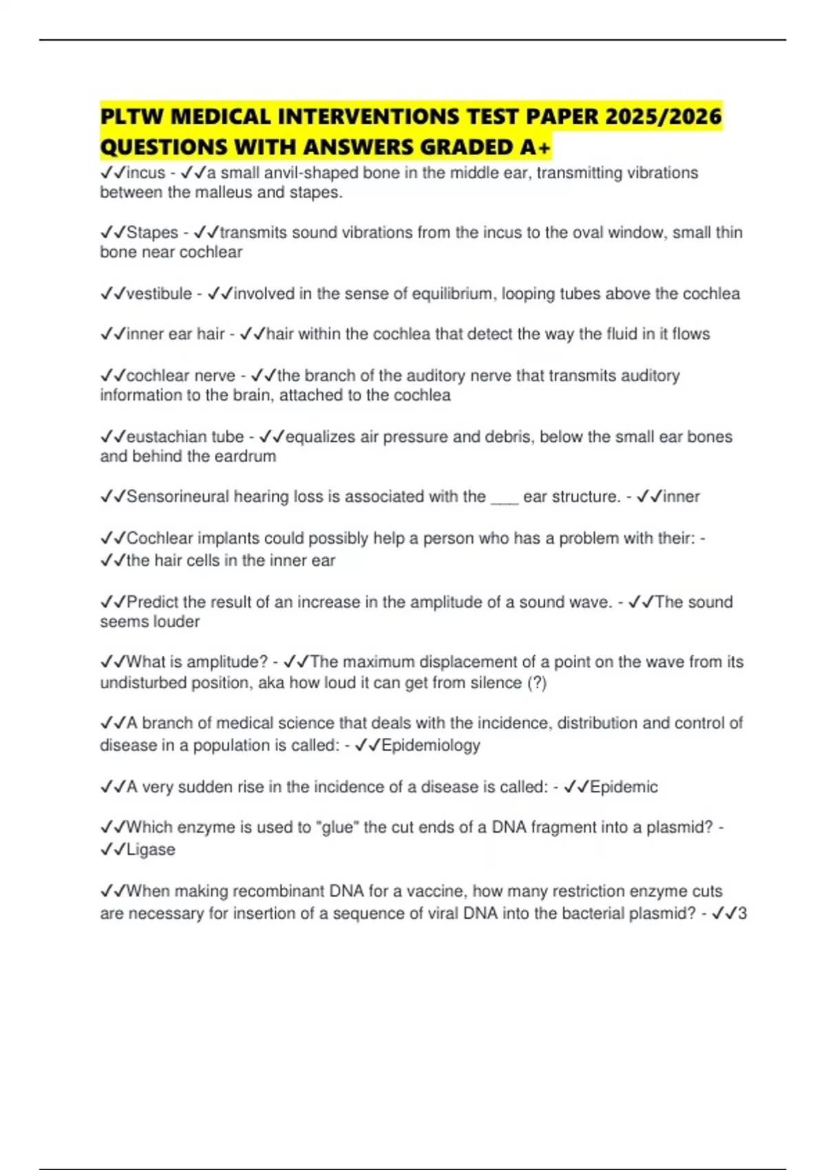 PLTW MEDICAL INTERVENTIONS TEST PAPER 2025/2026 QUESTIONS WITH ANSWERS ...