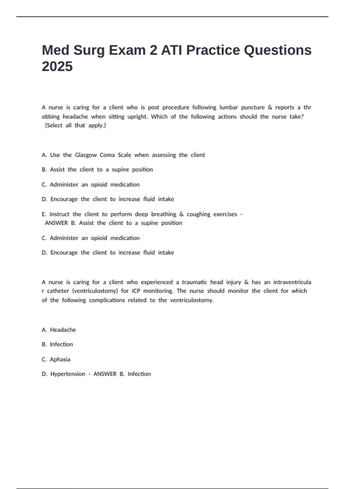 Med Surg Exam 2 ATI Practice Questions 2025 - ATI MED SURG - Stuvia US