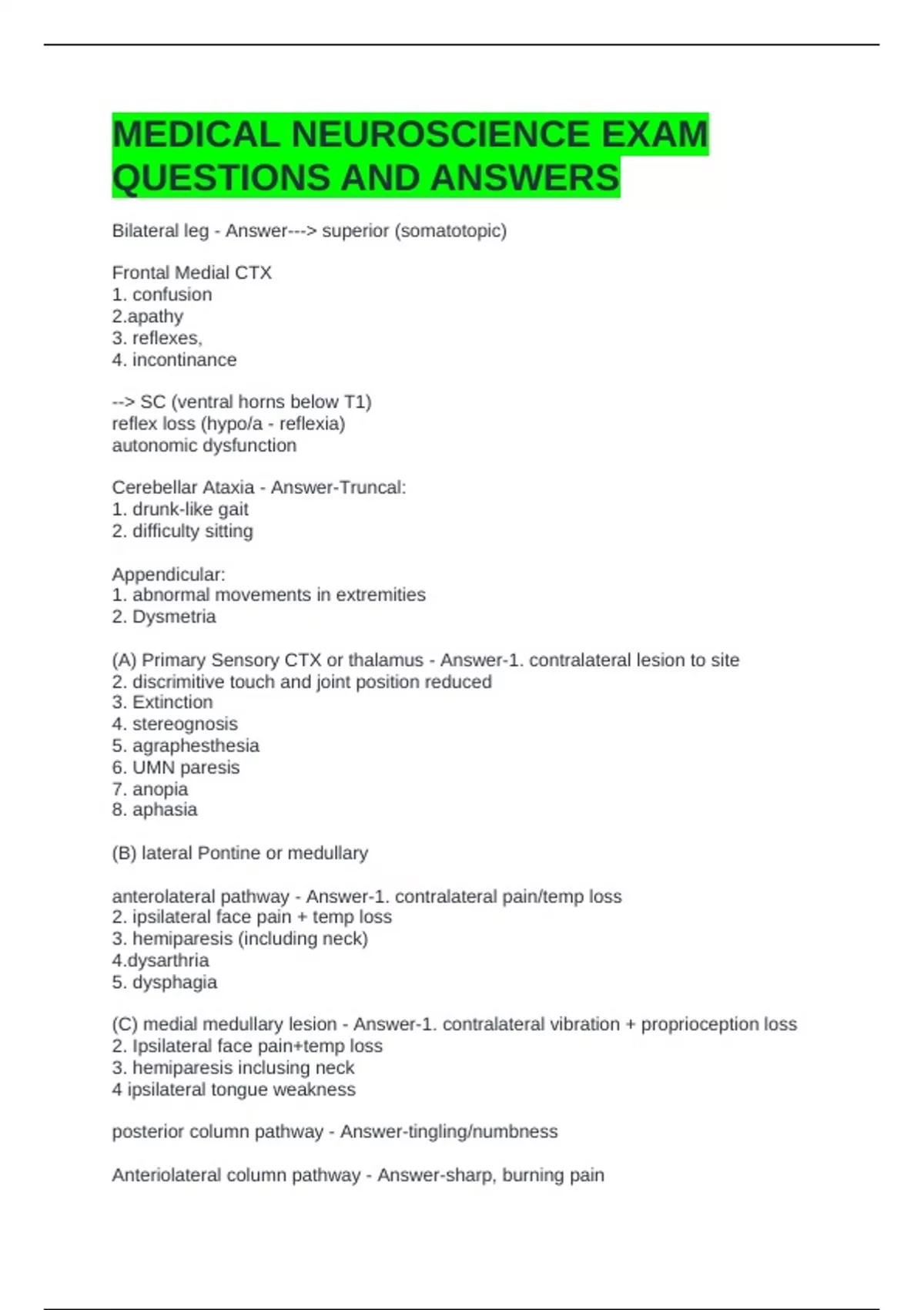MEDICAL NEUROSCIENCE EXAM QUESTIONS AND ANSWERS - MEDICAL NEUROSCIENCE ...