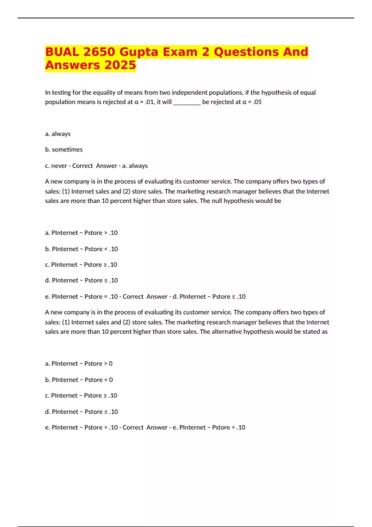 BUAL 2650 Gupta Exam 2 Questions And Answers 2025. - BUAL 2650 - Stuvia US