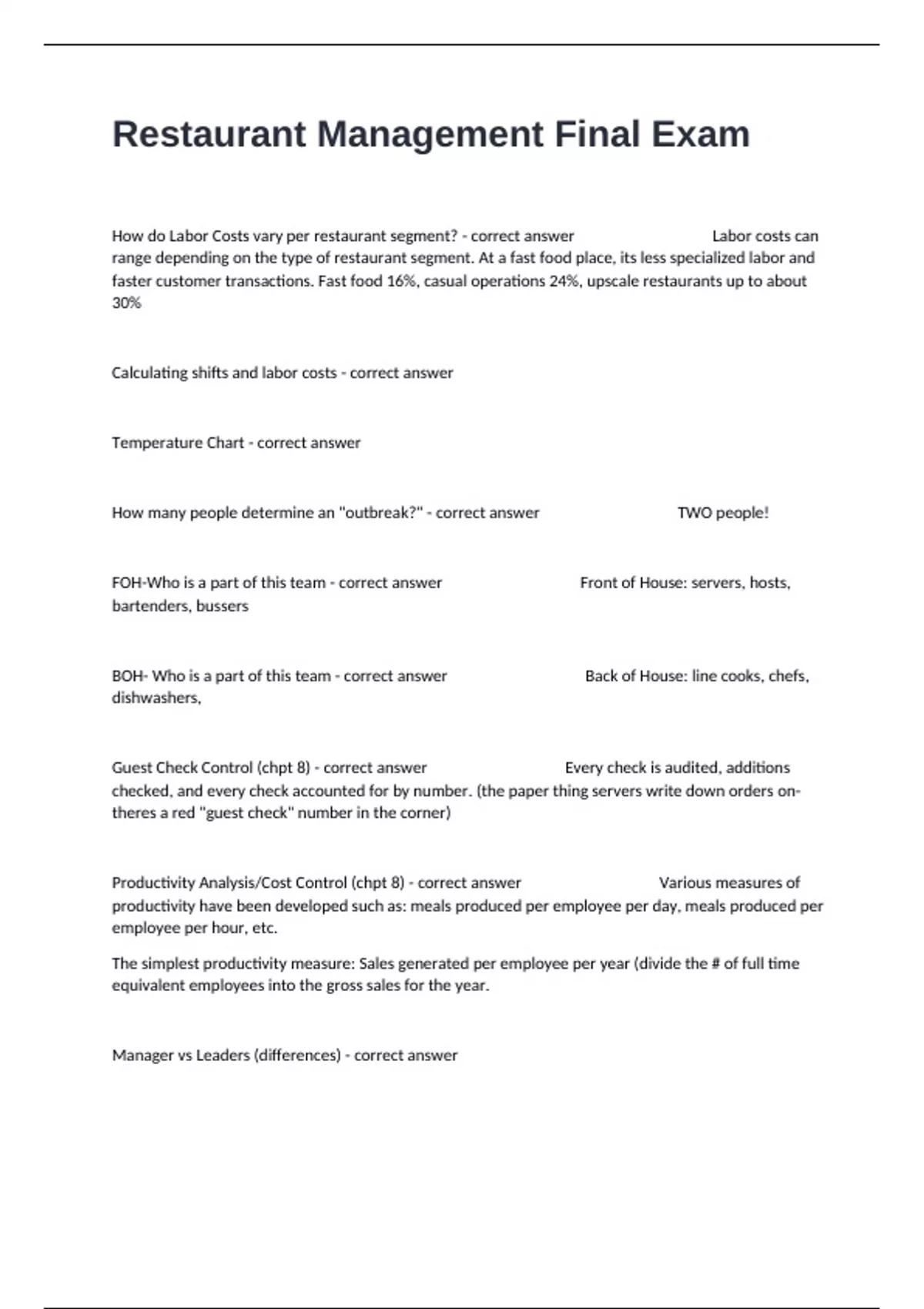 Restaurant Management Final Exam Questions With Correct Detailed ...