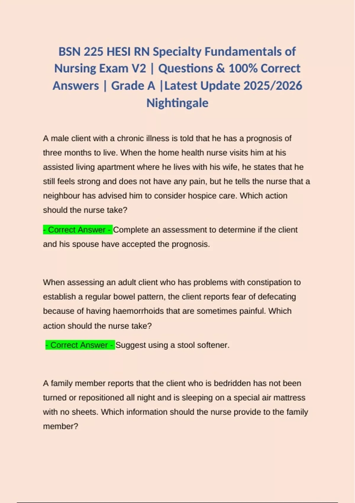 BSN 225 HESI RN Specialty Fundamentals of Nursing Exam V2 | Questions ...