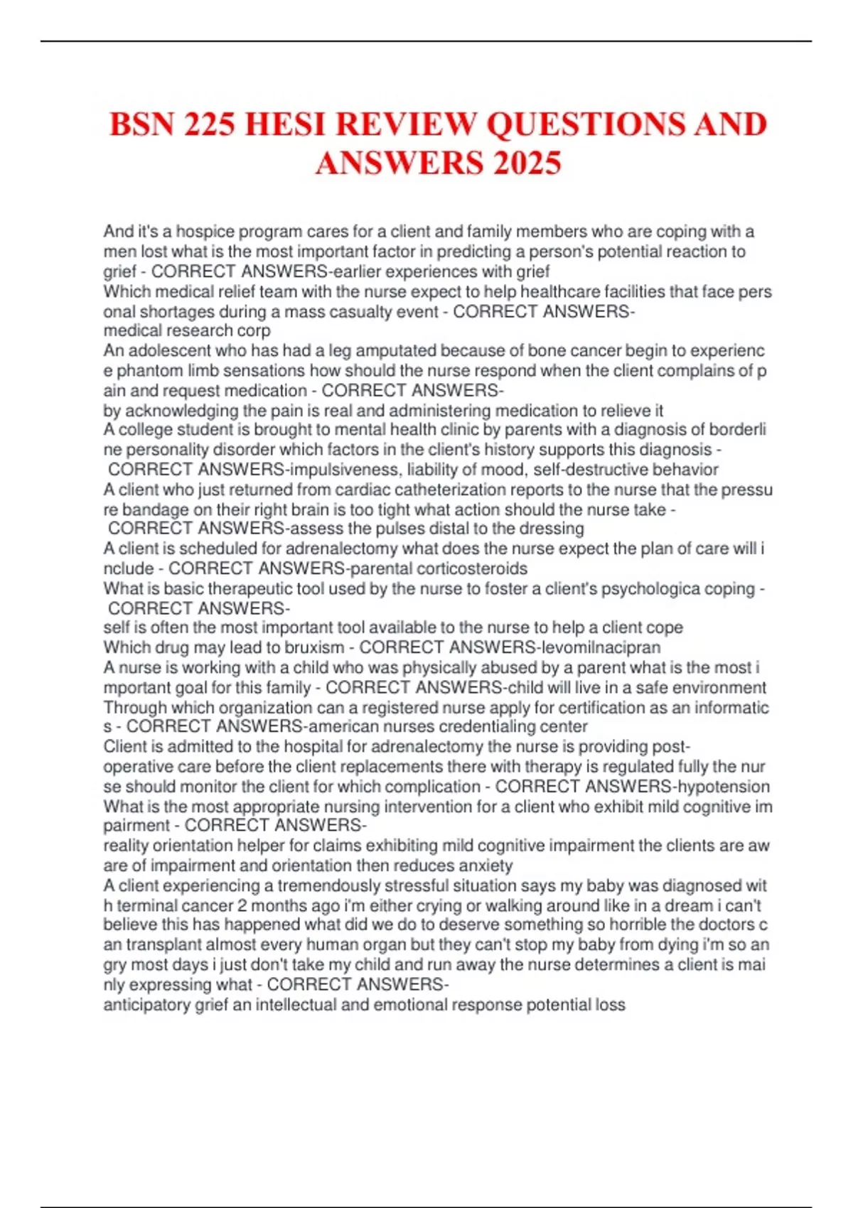 BSN 225 HESI REVIEW QUESTIONS AND ANSWERS 2025 - BSN 225 - Stuvia US