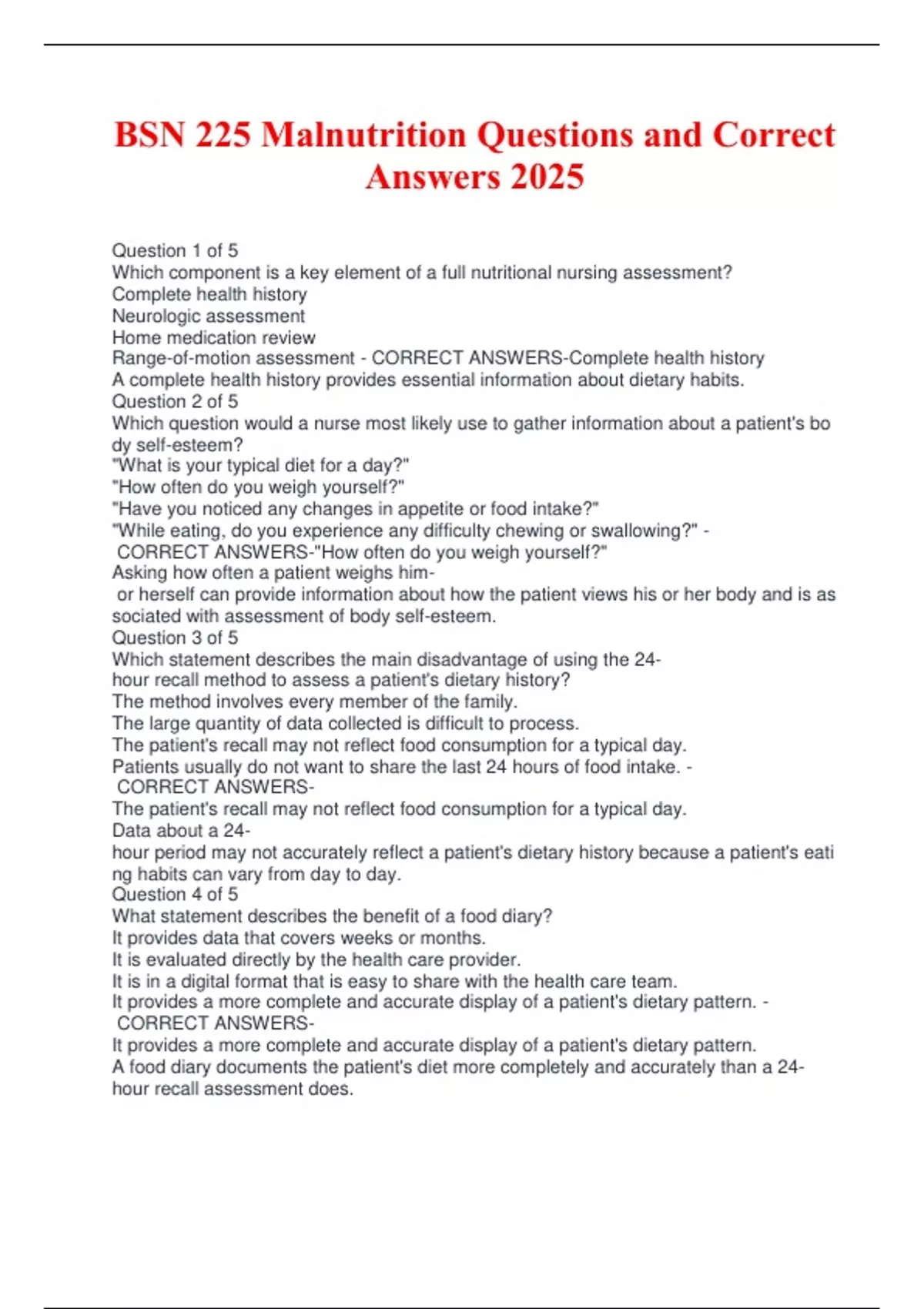 BSN 225 Malnutrition Questions and Correct Answers 2025 - BSN 225 ...