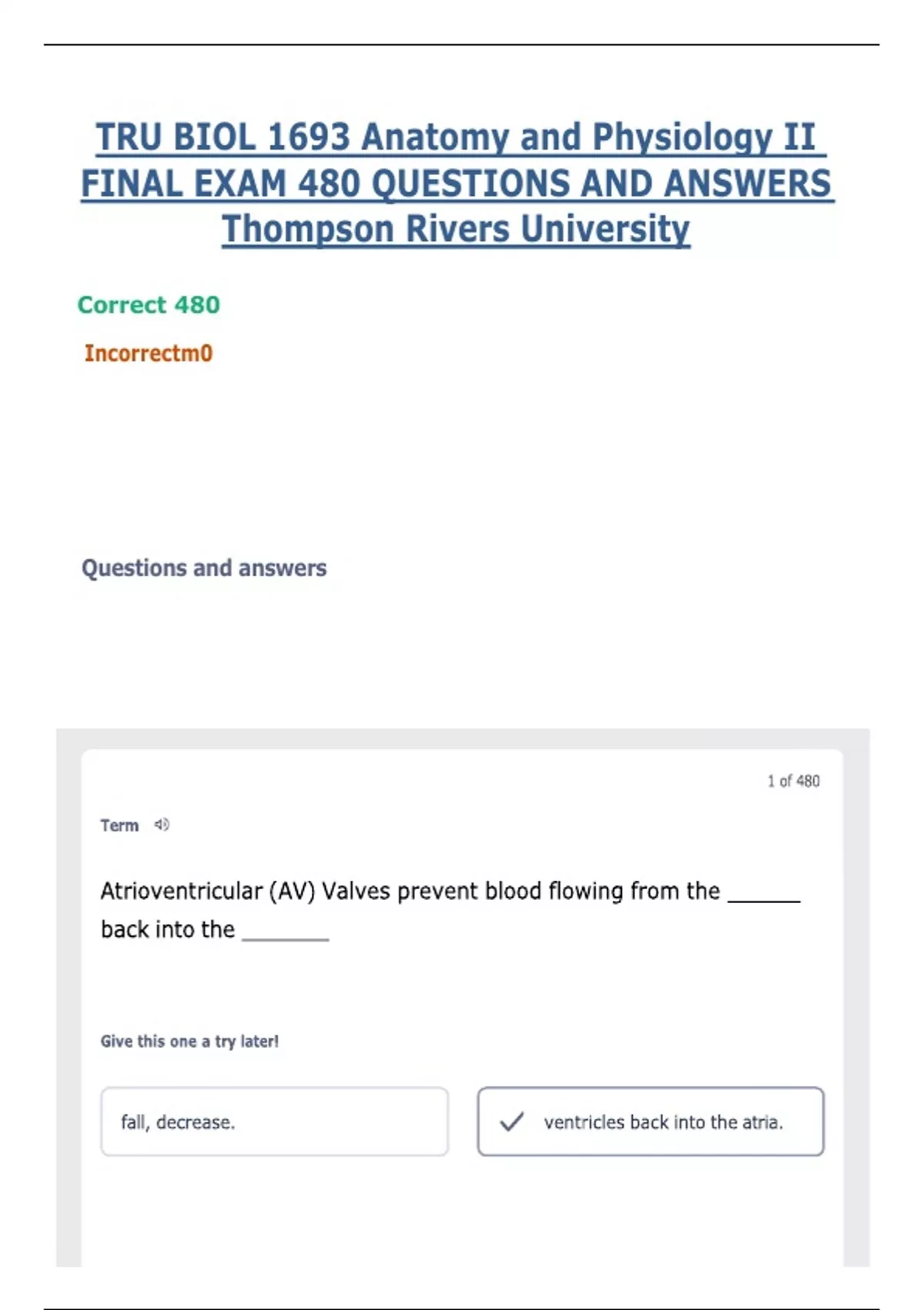TRU BIOL 1693 Anatomy and Physiology II FINAL EXAM 480 QUESTIONS AND ...
