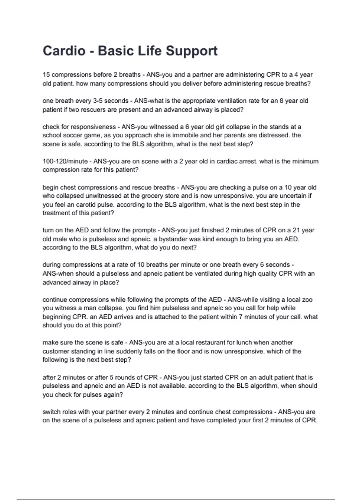 Cardio - Basic Life Support Questions and answers graded A+ 2025/2026 - Bls - Stuvia US